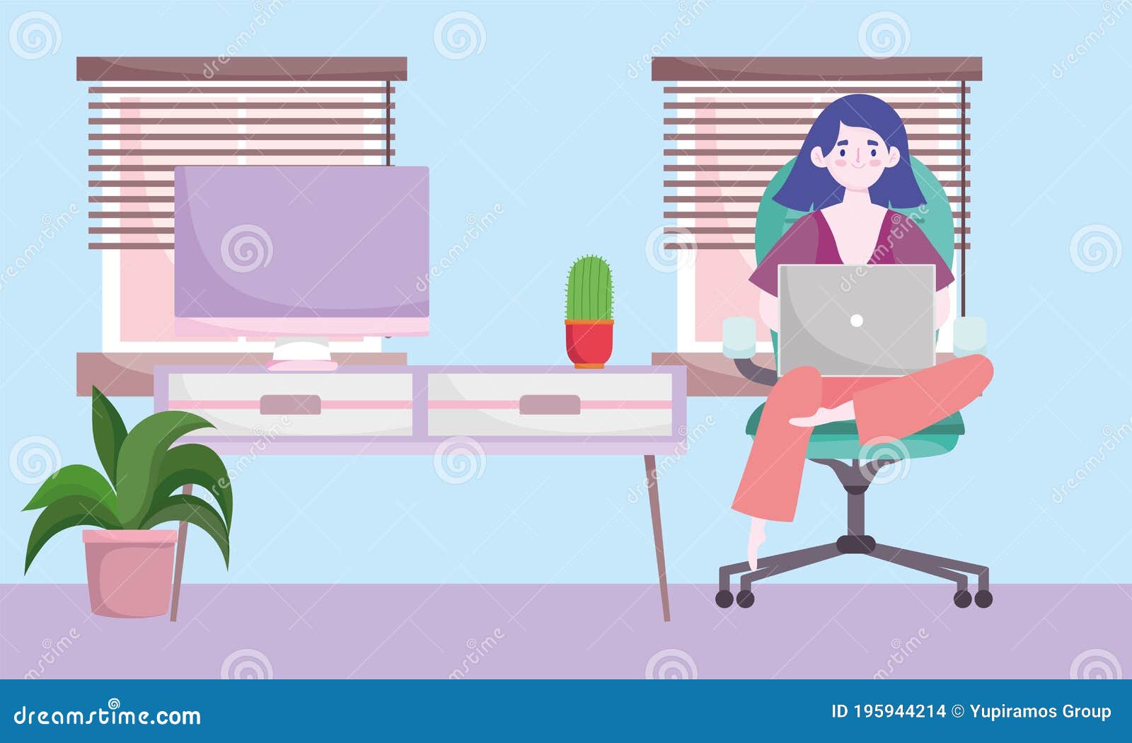 Home Office Workspace, Woman Sitting at Table and Working Stock Vector ...