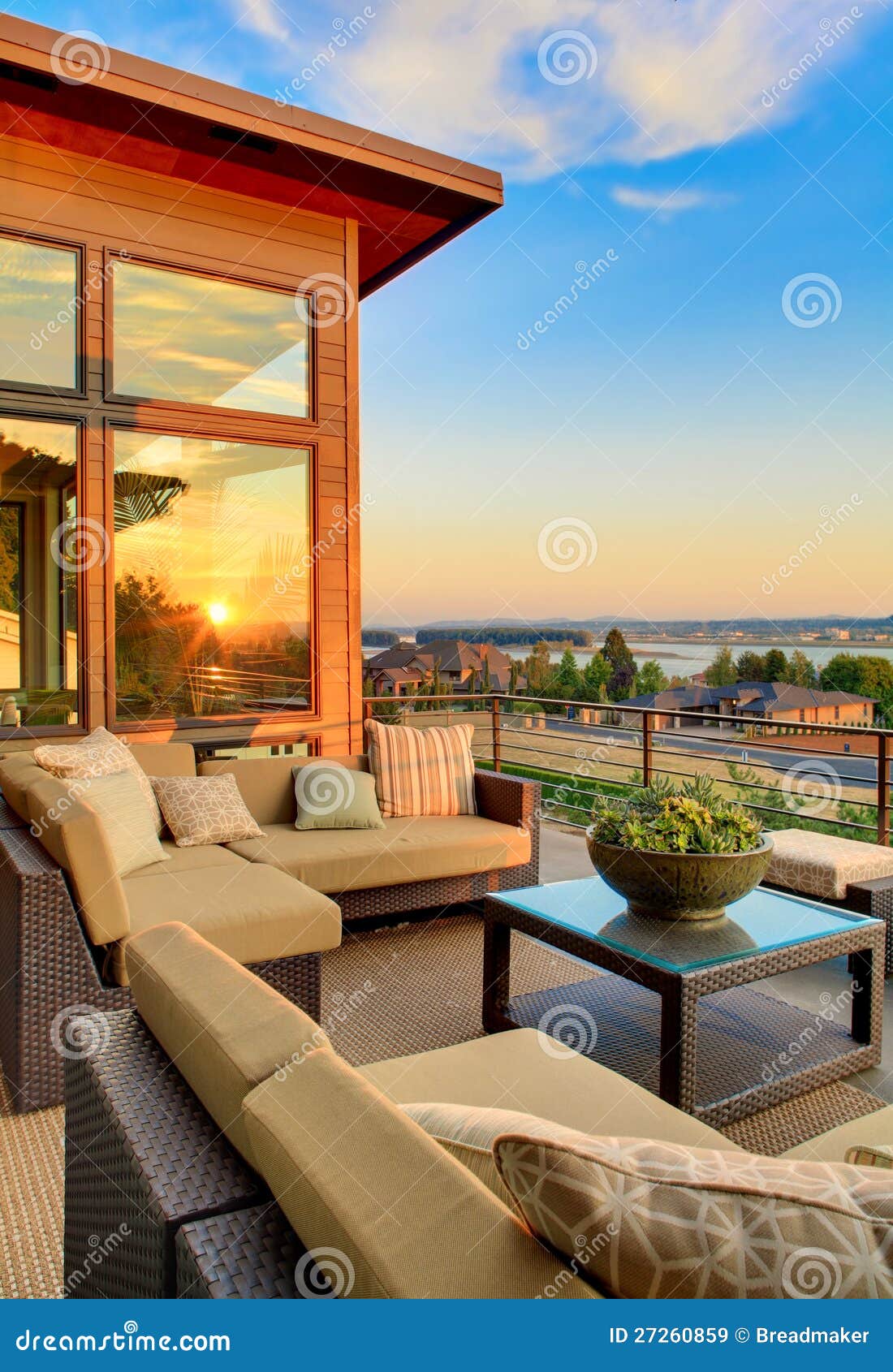 Home with Outdoor Patio and Sunset View Stock Image - Image of deck ...