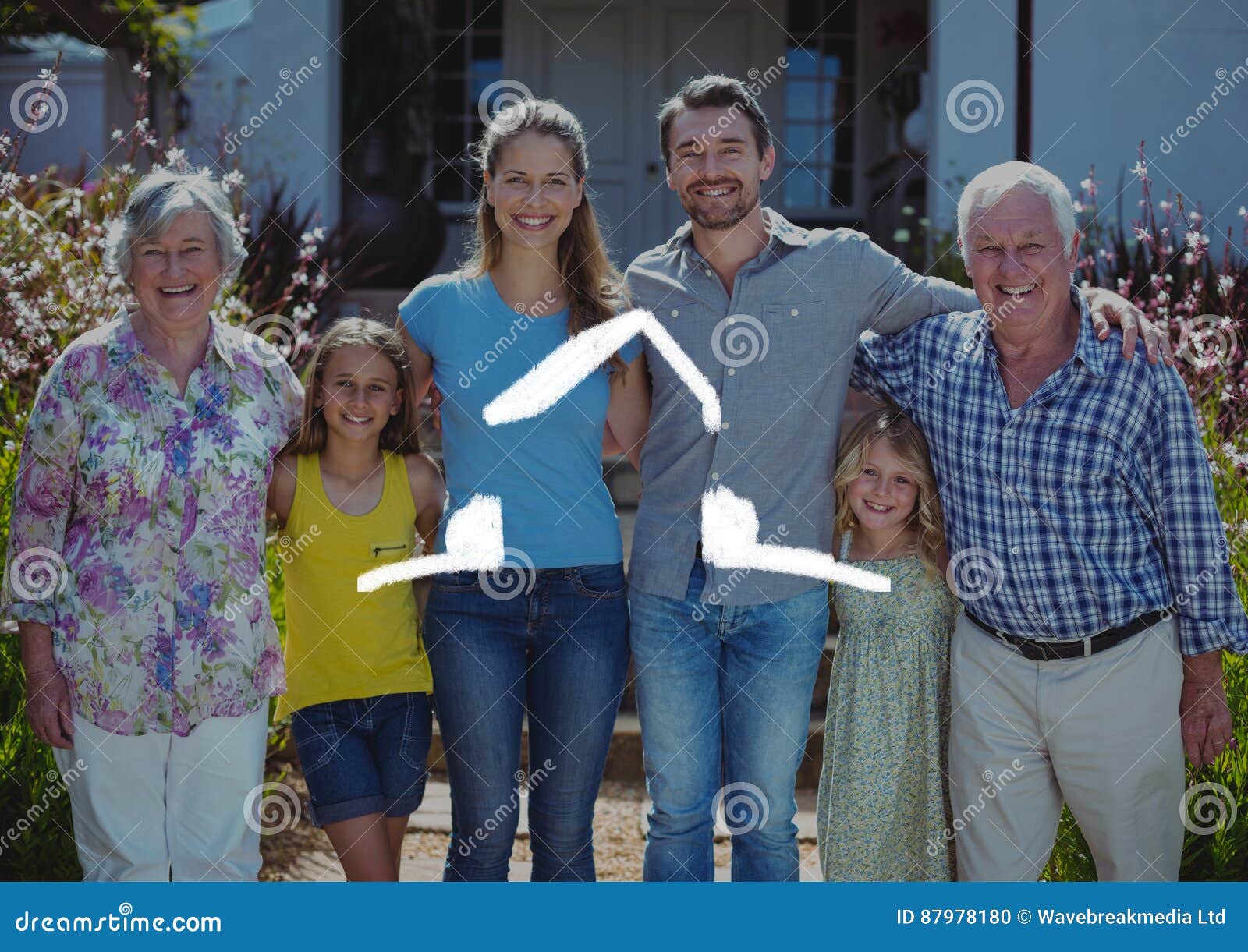 Home Outline with Multi Generation Family Standing in Background Stock ...