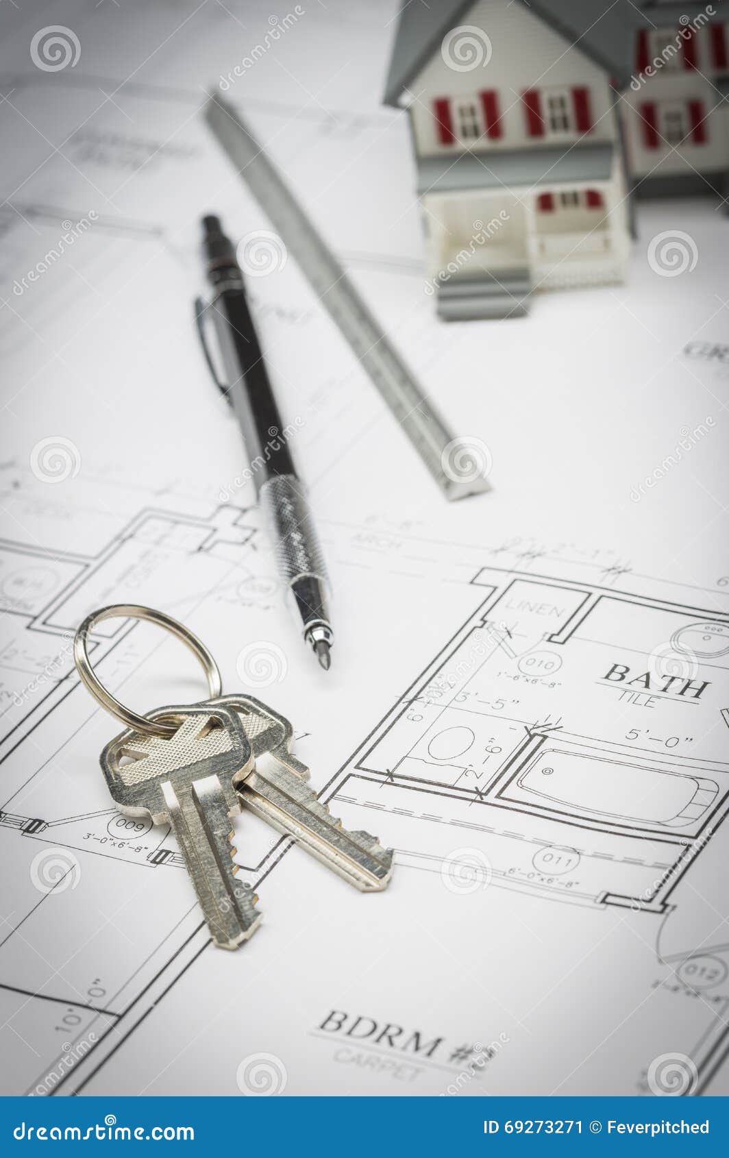 Home, Pencil, Ruler and Keys Resting on House Plans Stock Image - Image ...