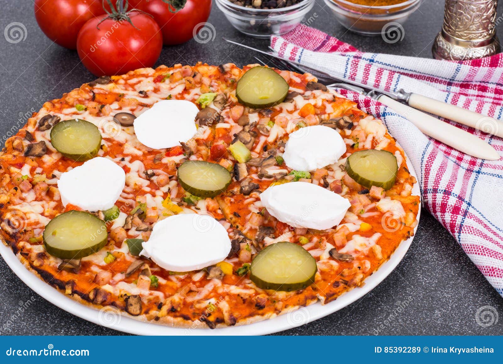 Home Pizza with Mozzarella and Pickled Gherkins Stock Image - Image of ...