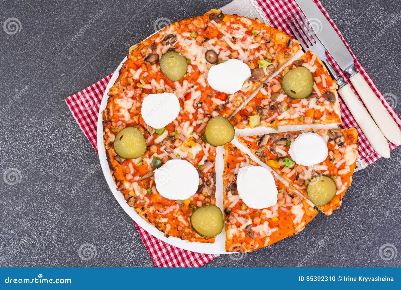 Home Pizza with Mozzarella and Pickled Gherkins Stock Photo - Image of ...