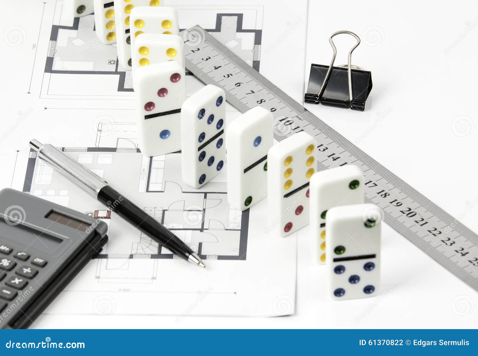 Home Plan, Calculator, Ruler, Pen, Domino Pieces Stock Photo - Image of ...