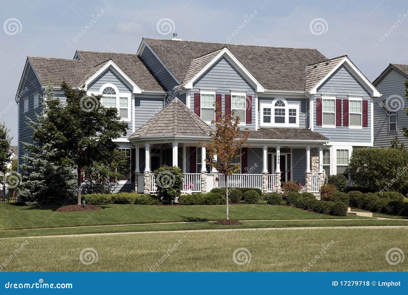 Home with Red Shutters and Cedar Roof Stock Photo - Image of modern ...