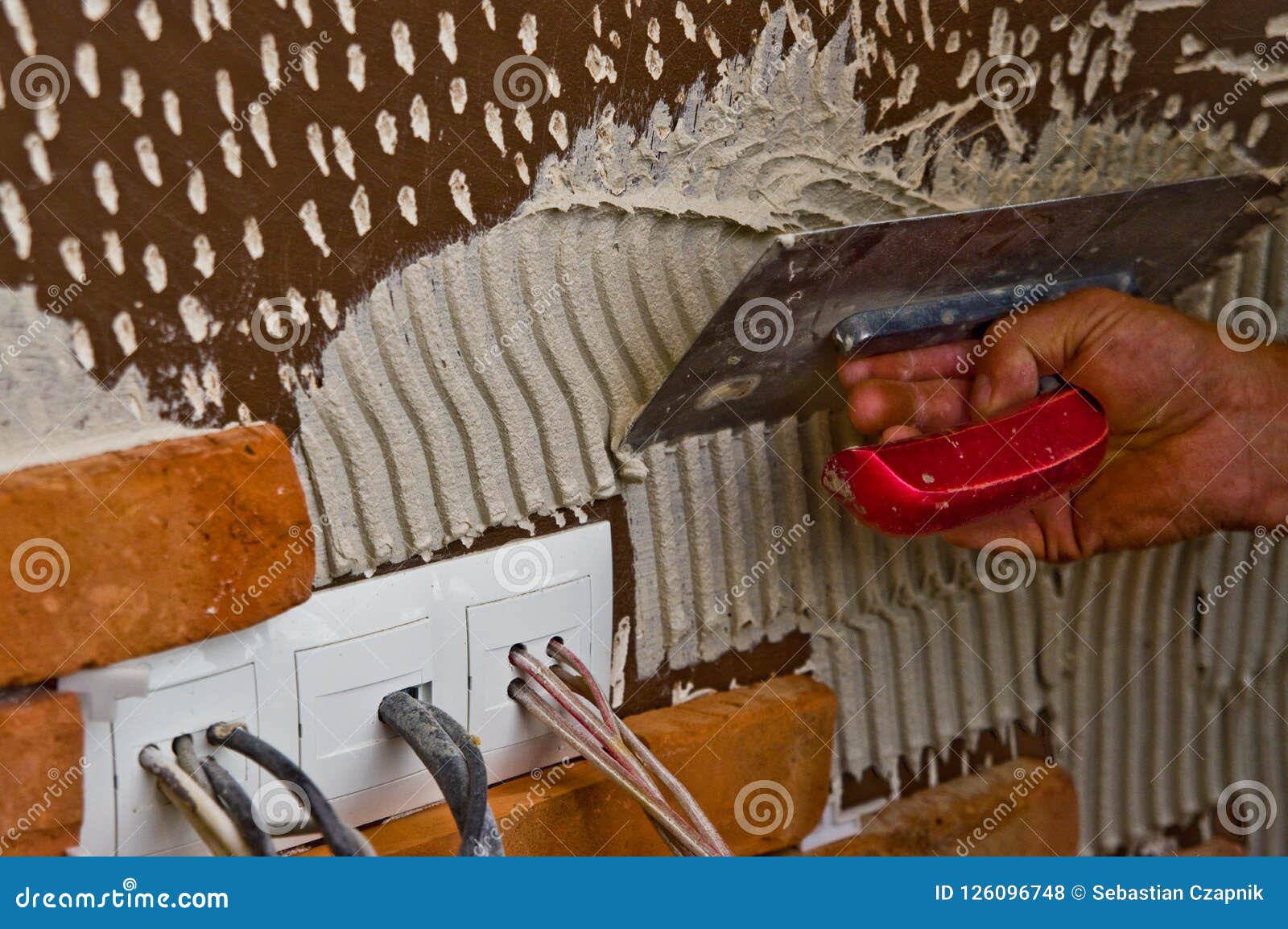 Process of Making a Red Brick Wall, Home Renovation Stock Photo - Image ...