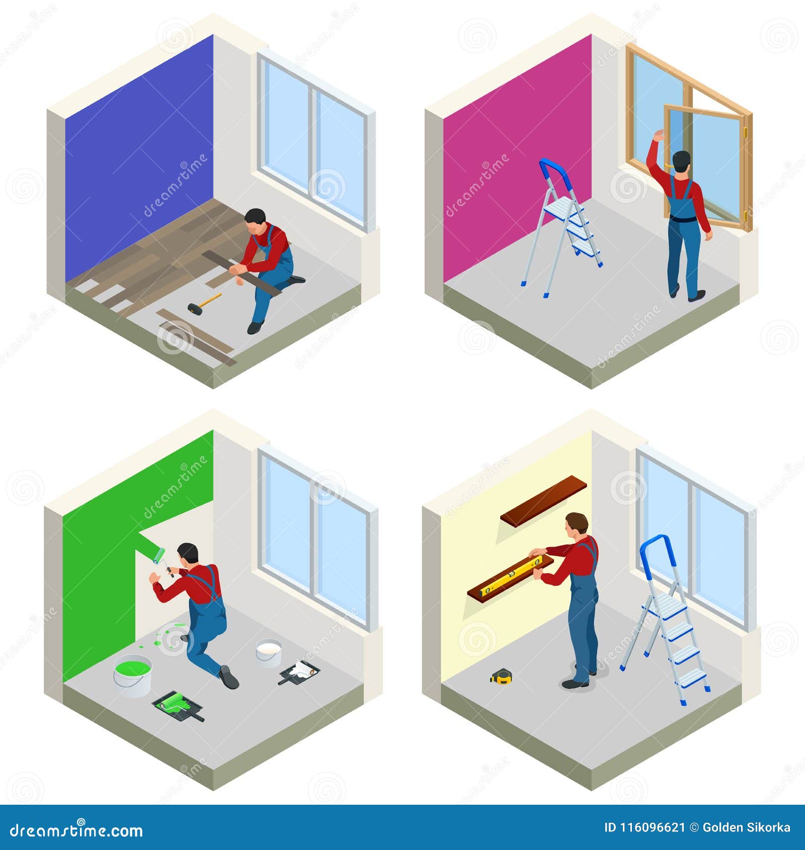Home Repair Isometric Concept Set with Workers, Tools, Equipment ...