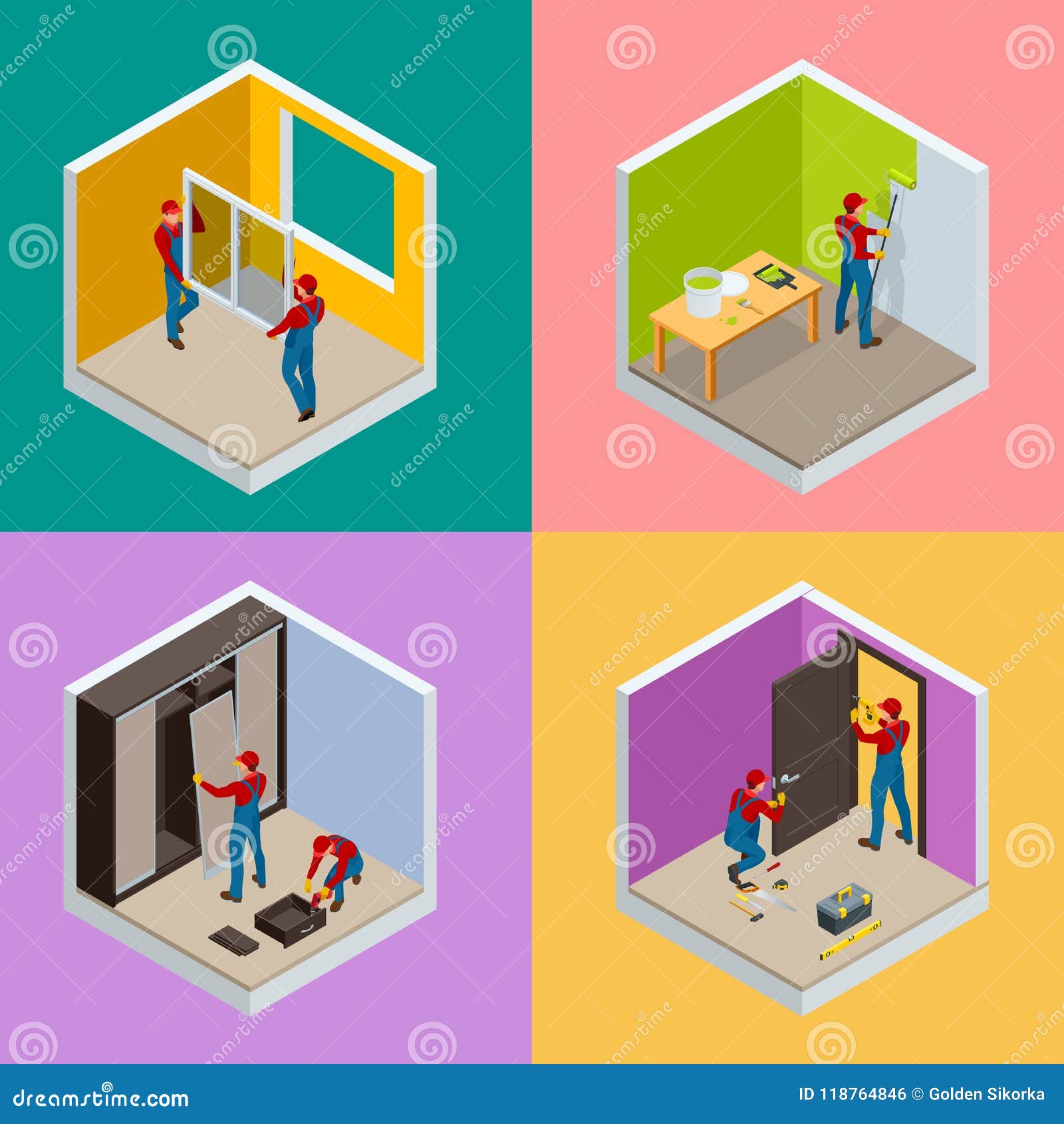 Isometric Construction Process Flowchart Vector Illustration ...