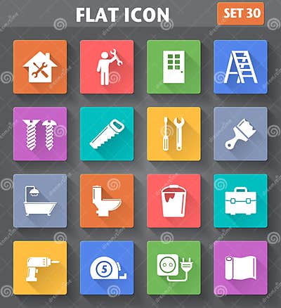Home Repair and Tools Icons Set in Flat Style with Long Shadows. Stock ...