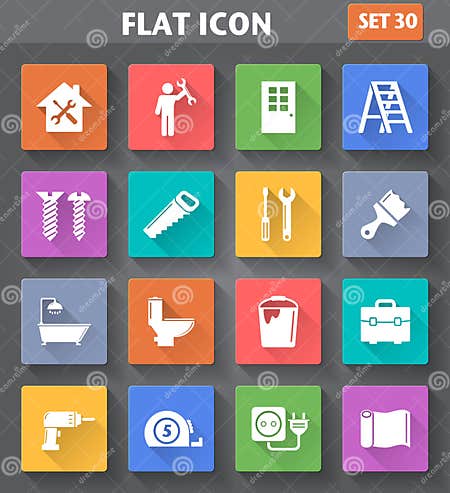 Home Repair and Tools Icons Set in Flat Style with Long Shadows. Stock ...