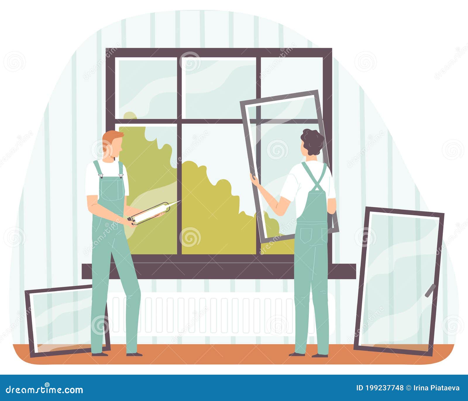 Home Repair Worker. Two Workers in Uniforms Install Plastic Windows ...
