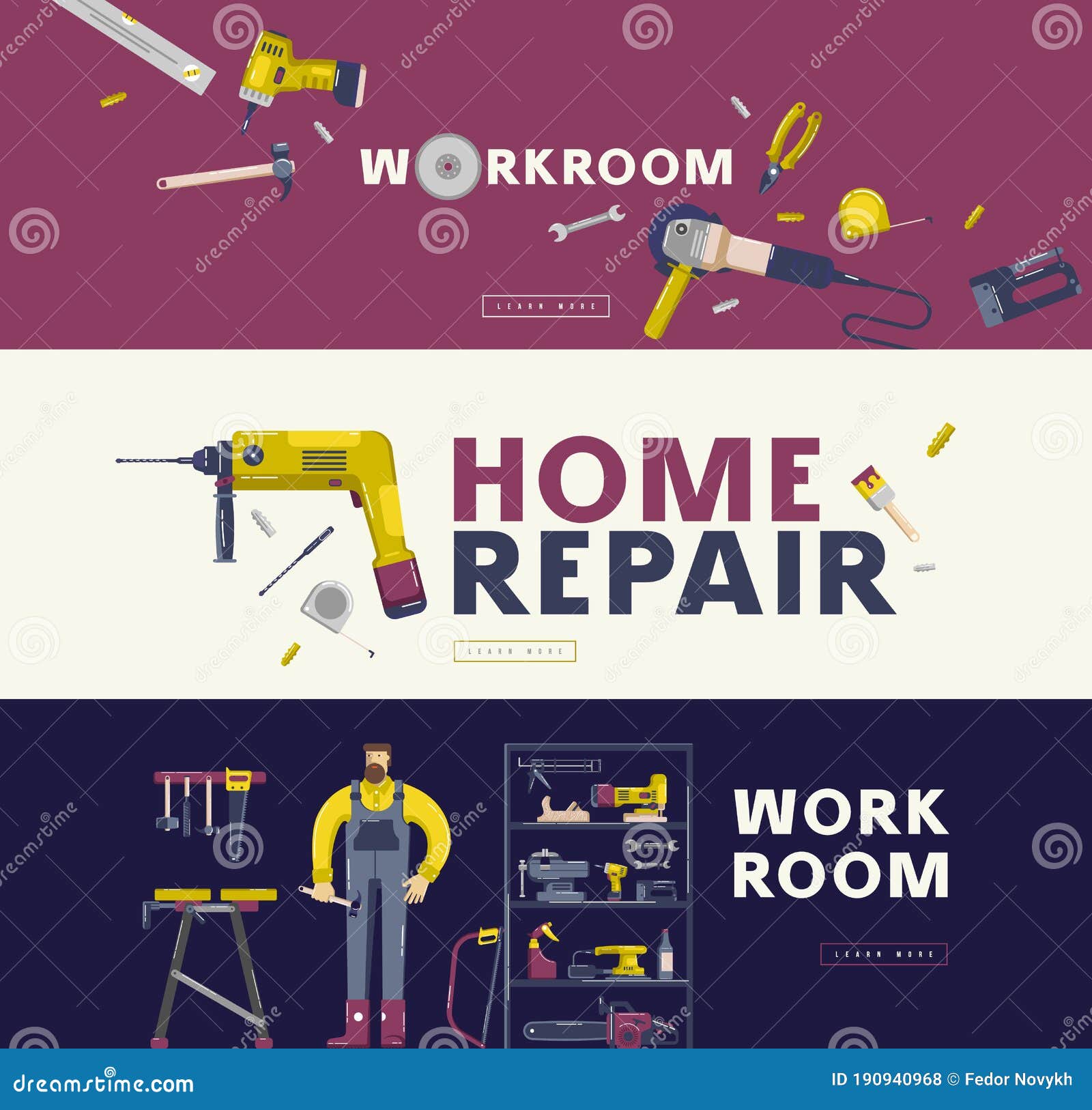 Home Repair and Workshop Banners Set Stock Vector - Illustration of ...