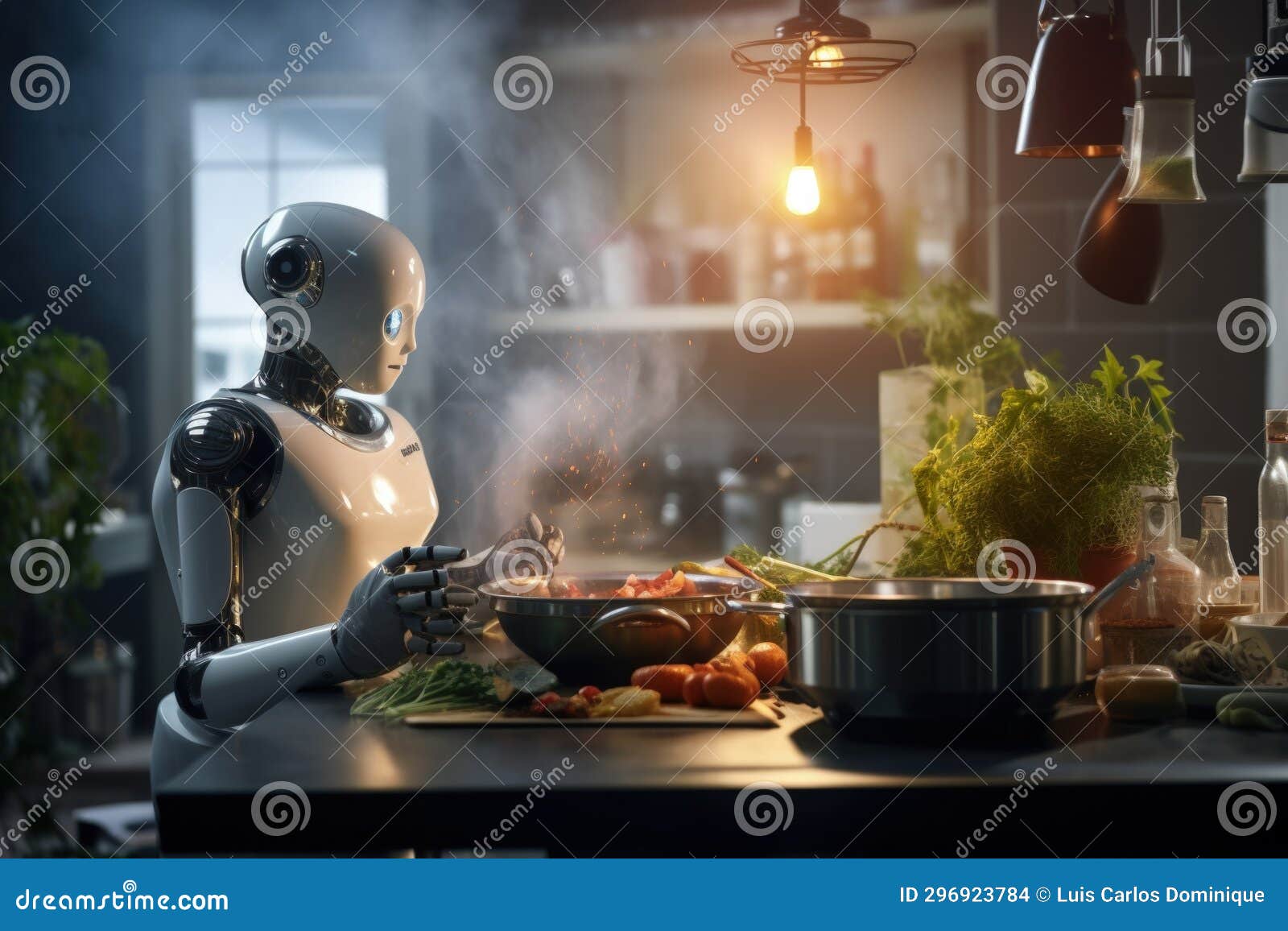 Home Robot in the Kitchen, Cooking, Modern Kitchen Stock Illustration ...