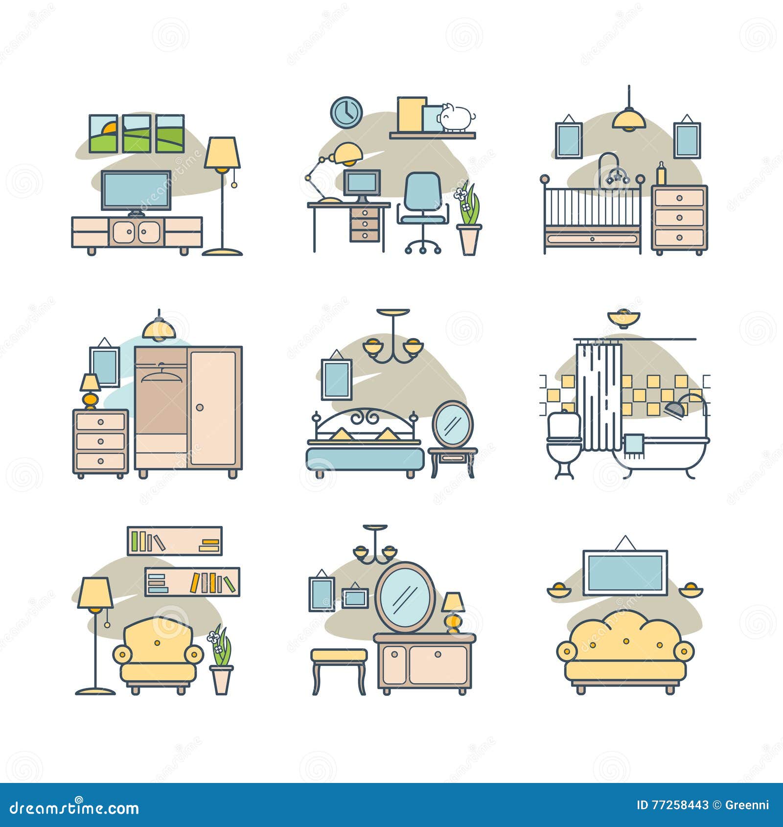 Home room icons set. stock vector. Illustration of bedroom - 77258443