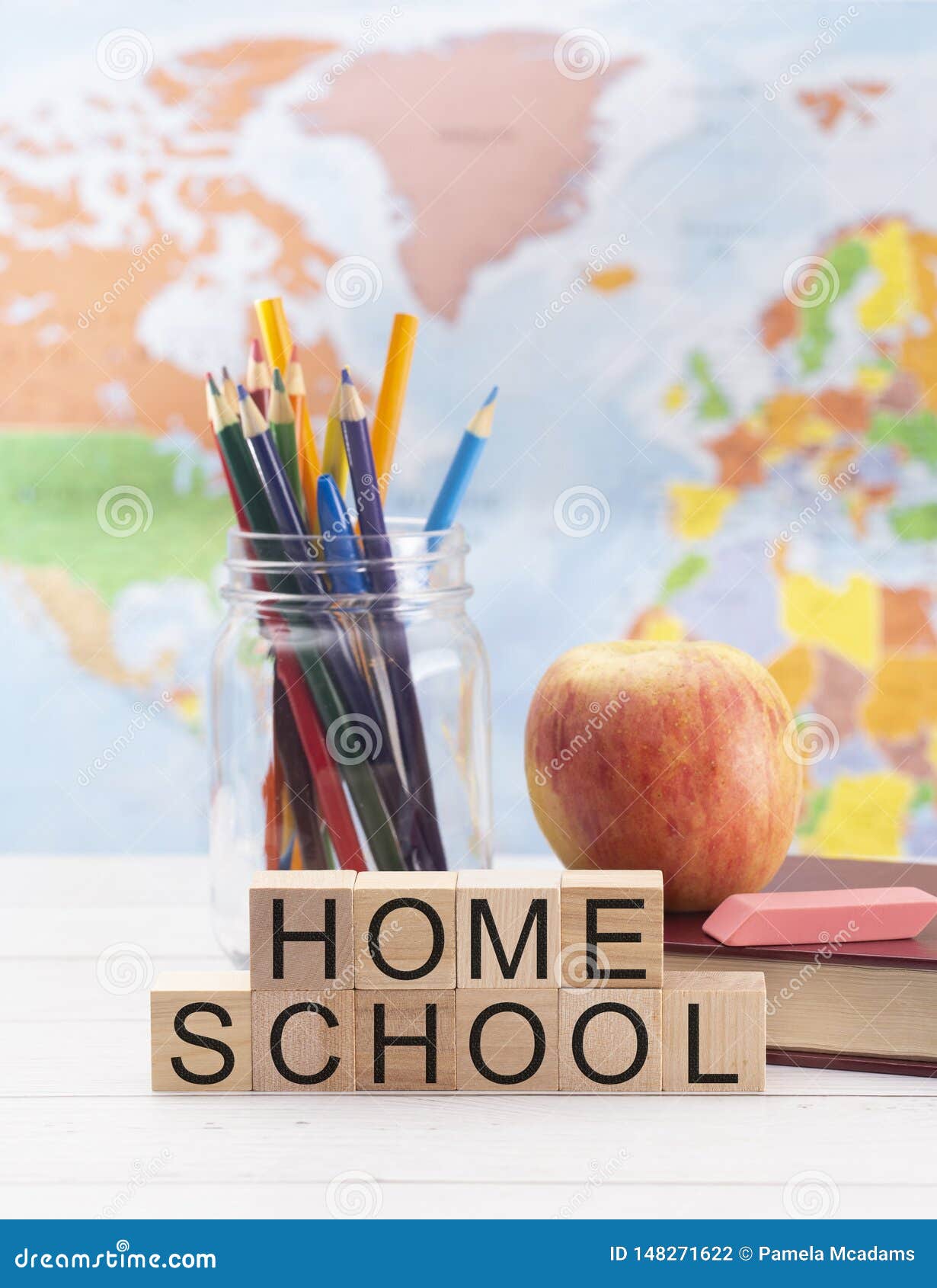 Home Schooling Background with School Supplies and a World Map in the ...