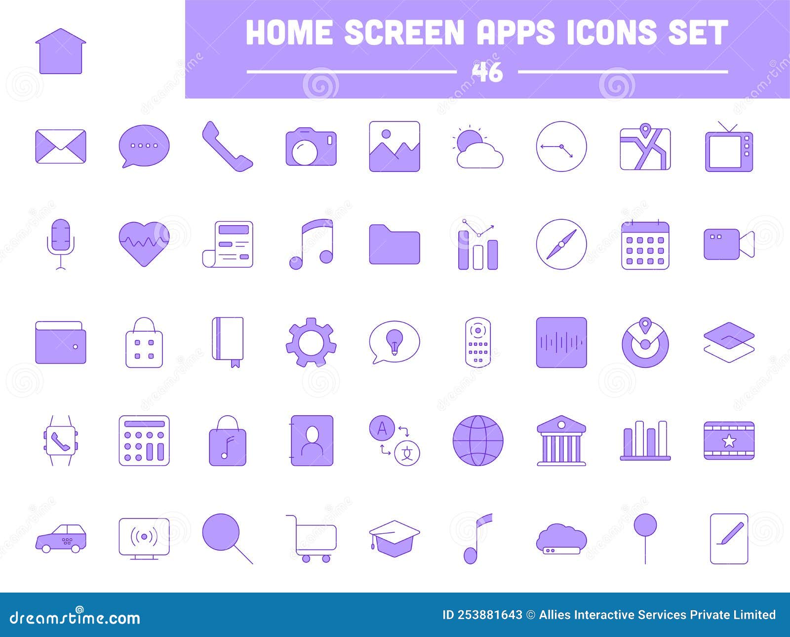 46 Home Screen App Icon or Symbol Set in Violet and White Stock ...