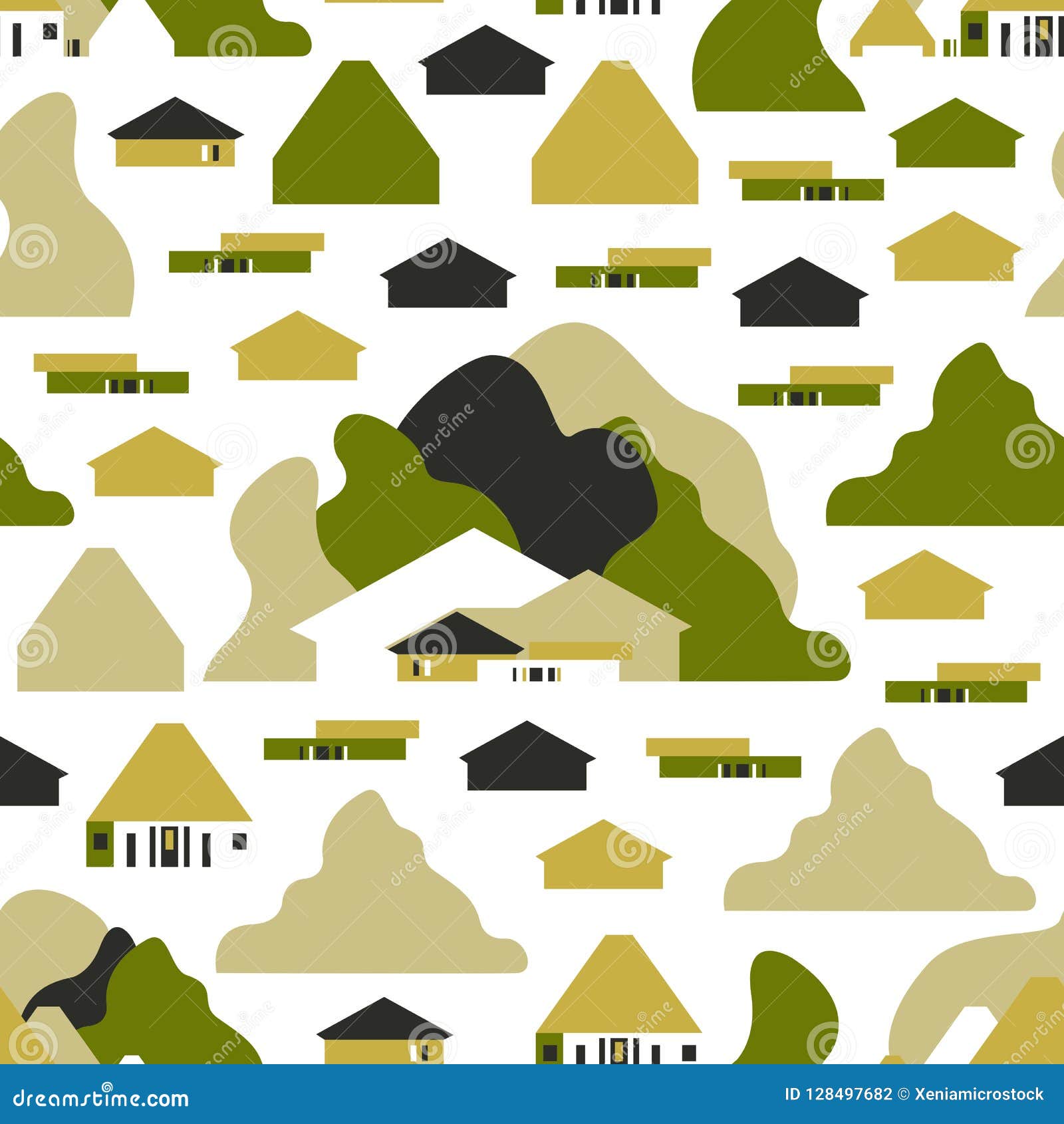 Seamless Pattern with Residences, Home, Trees, Hills. Stock Vector ...