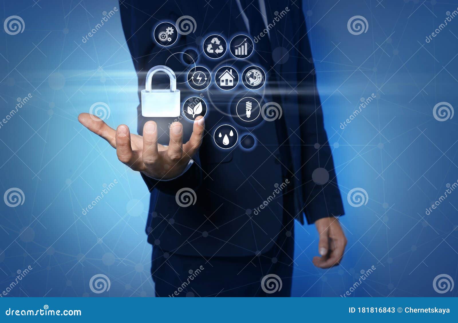 Home Security Concept. Man Holding Lock on Blue Background, Closeup ...