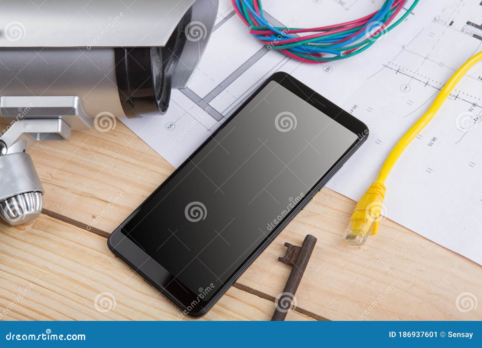 Home Security Concept Smartphone and Surveillance Cctv Camera on the ...