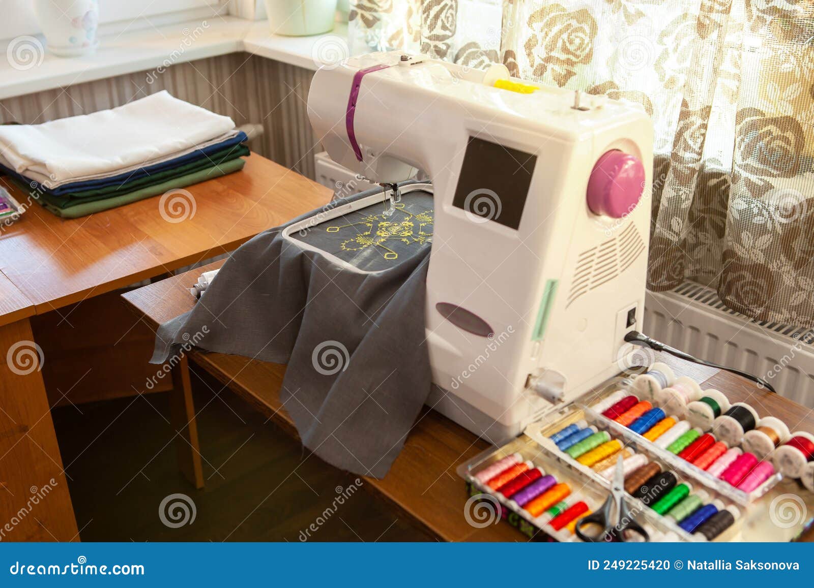 Home Sewing Workshop, Workplace, with a Modern Embroidery Machine ...