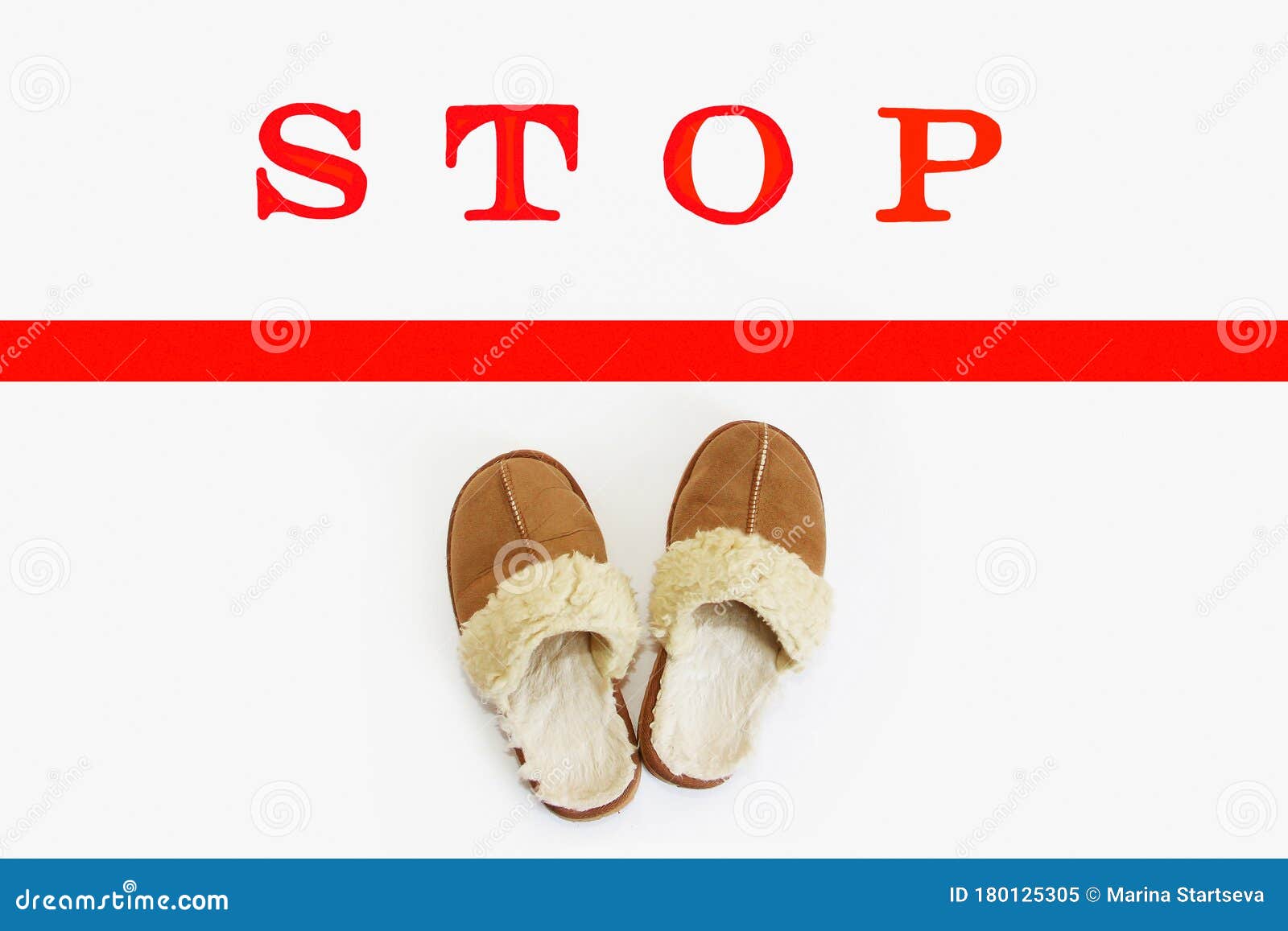 Home Soft Slippers in Front of the Red Line and Stop Sign Stock Image ...