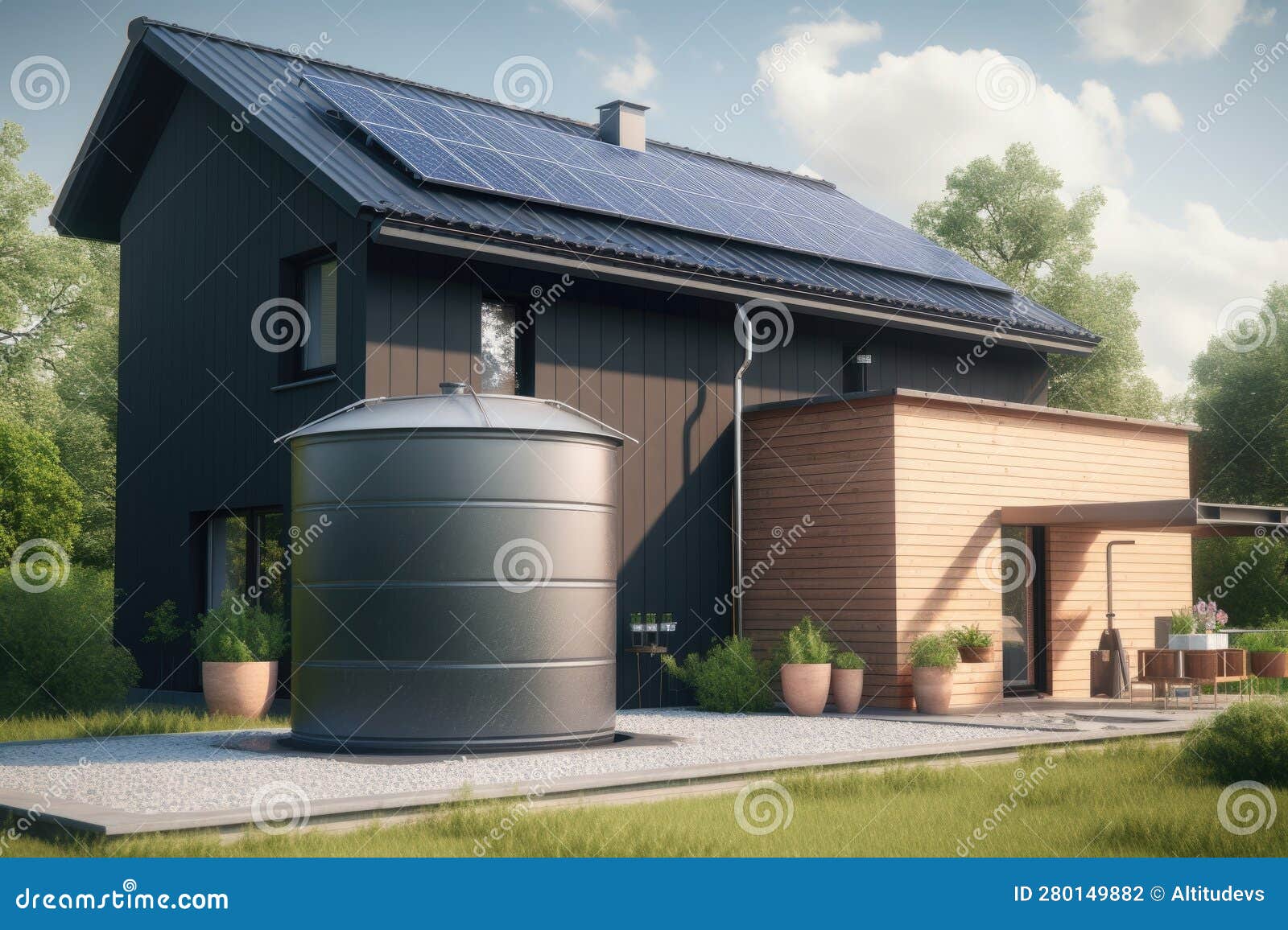 A Home with Solar Panels on the Roof and a Rainwater Collection System ...