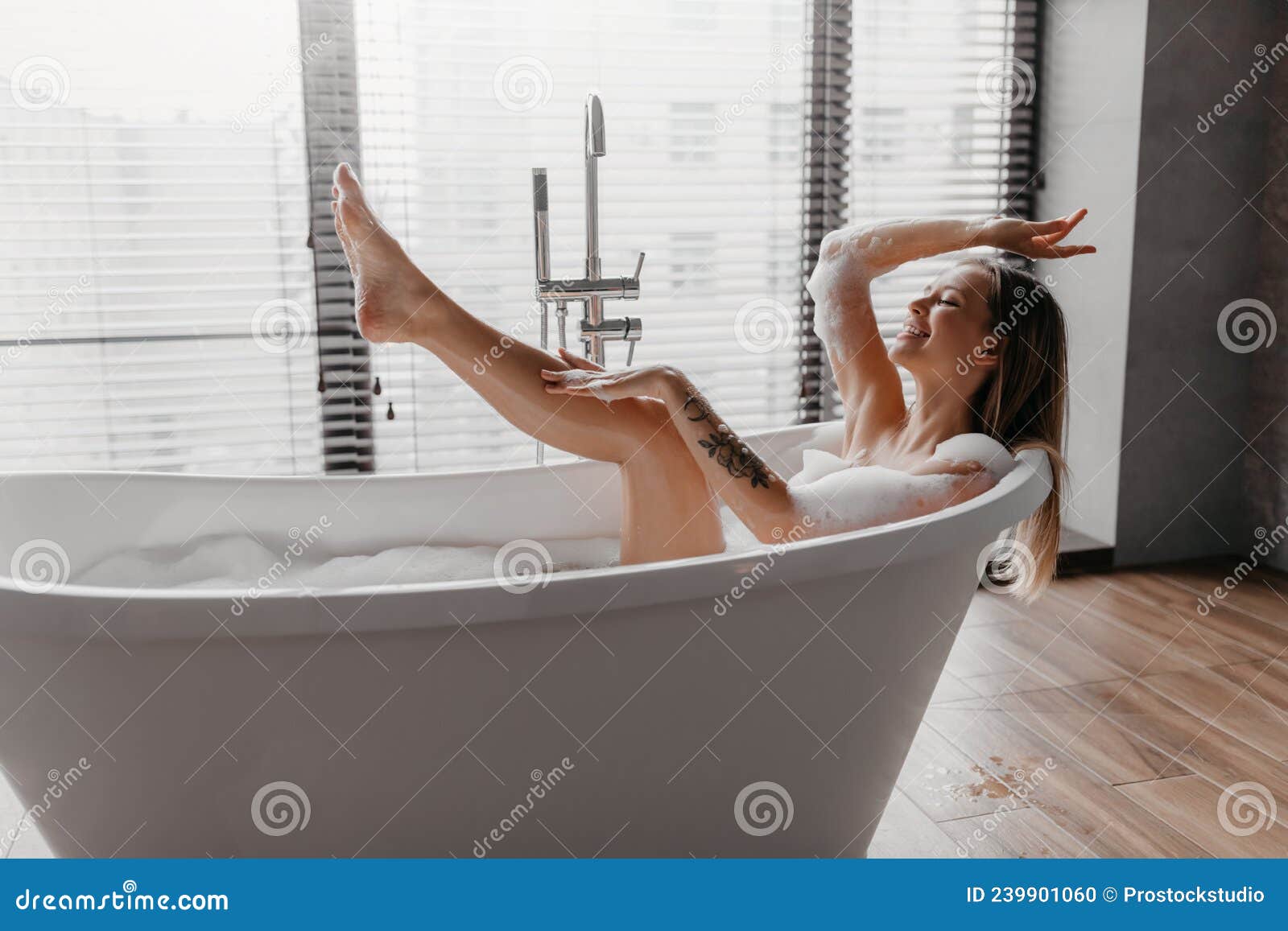 Home Spa And Relax On Weekends Pretty Woman In Bathtub With Foam