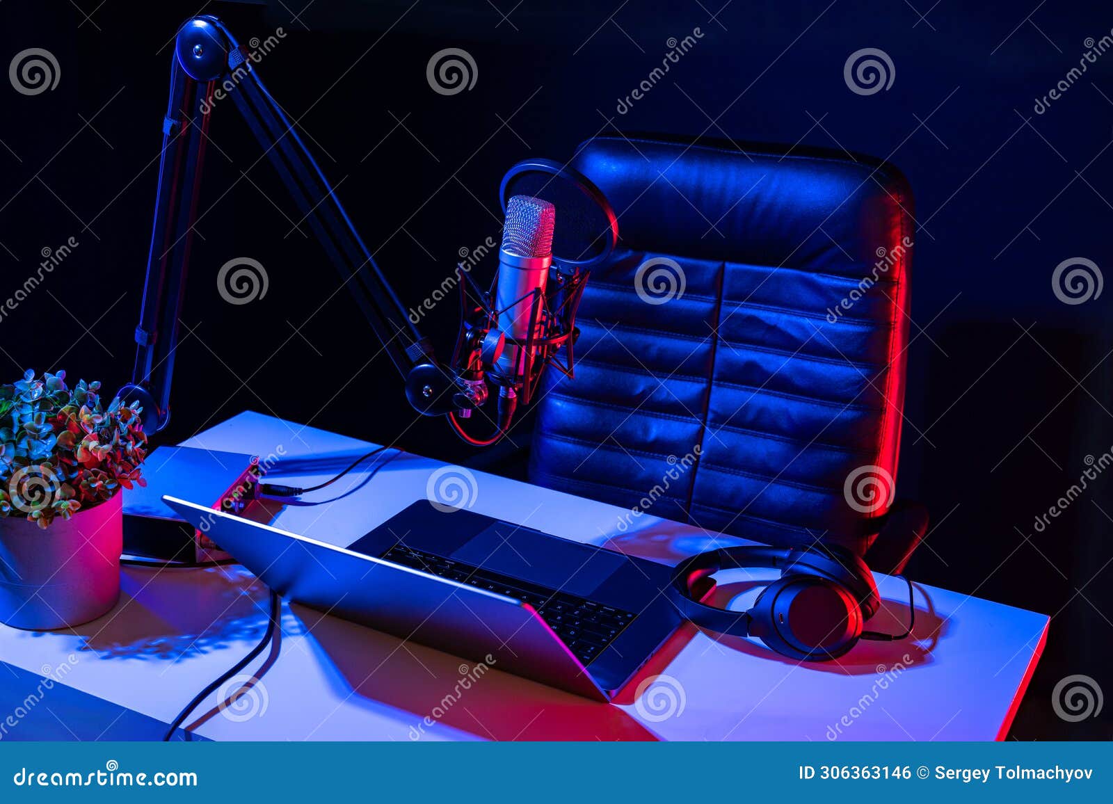 Home Studio Podcast Interior. Microphone, Table and Chair Stock Photo ...