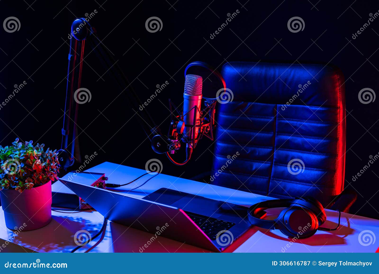 Home Studio Podcast Interior. Microphone, Table and Chair Stock Image ...