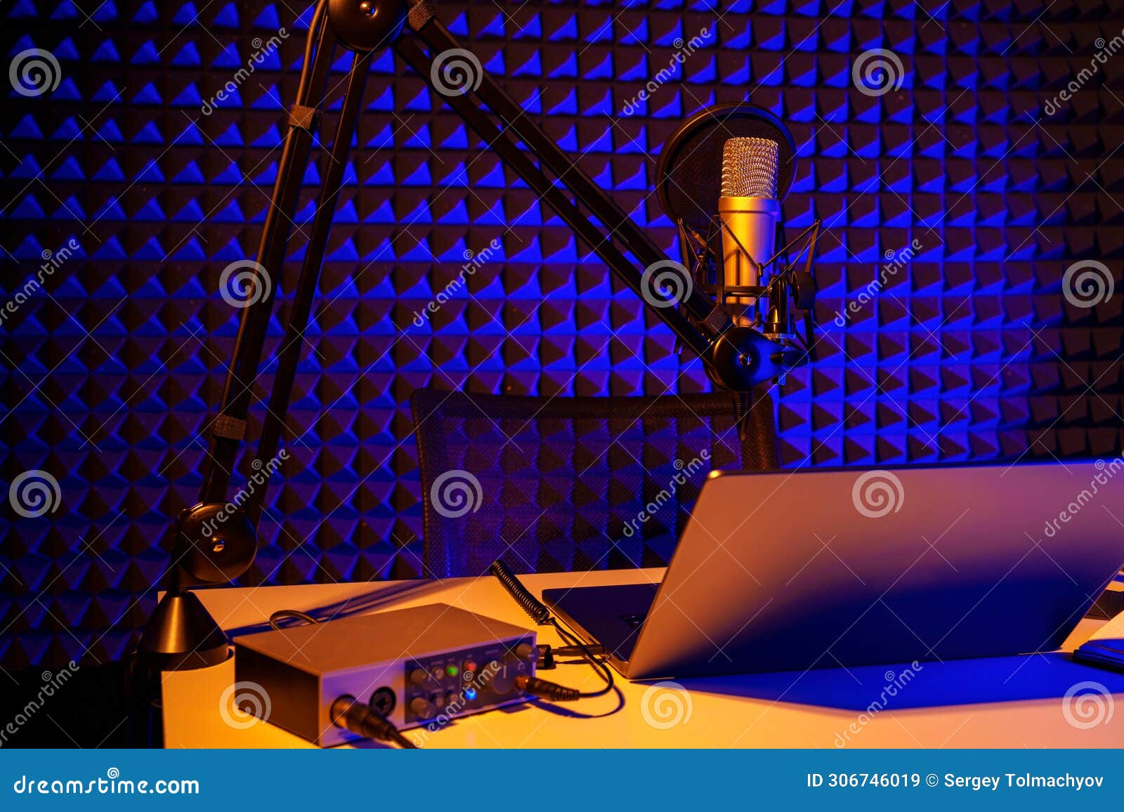 Home Studio Podcast Interior. Microphone, Table and Chair Stock Image ...