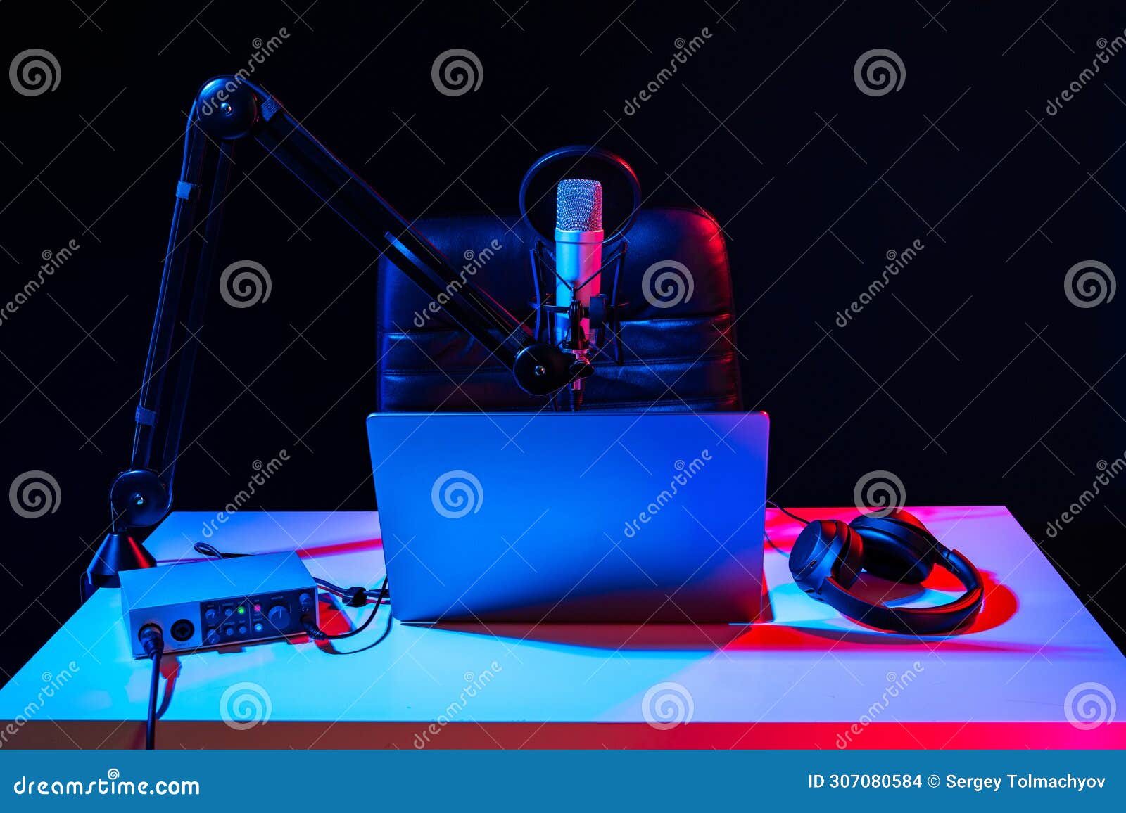 Home Studio Podcast Interior. Microphone, Table and Chair Stock Photo ...