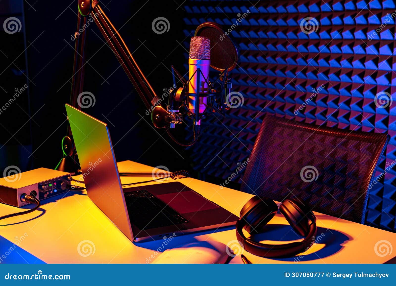 Home Studio Podcast Interior. Microphone, Table and Chair Stock Image ...