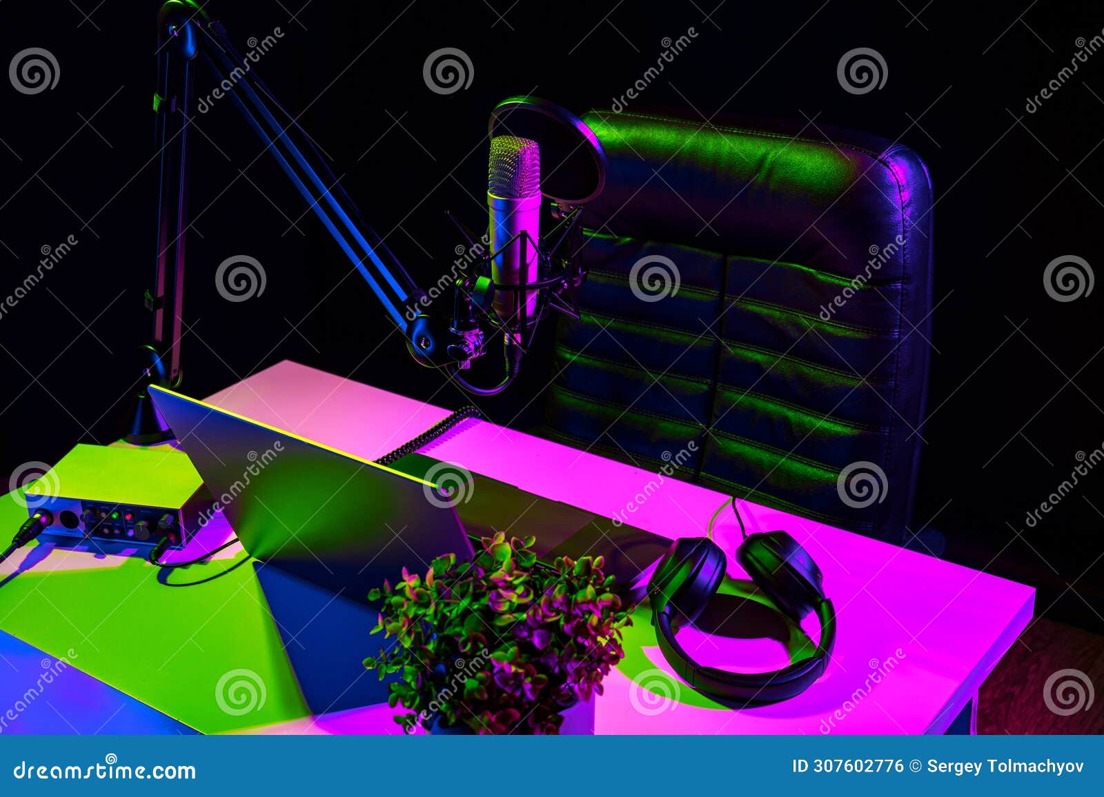 Home Studio Podcast Interior. Microphone, Table and Chair Stock Photo ...