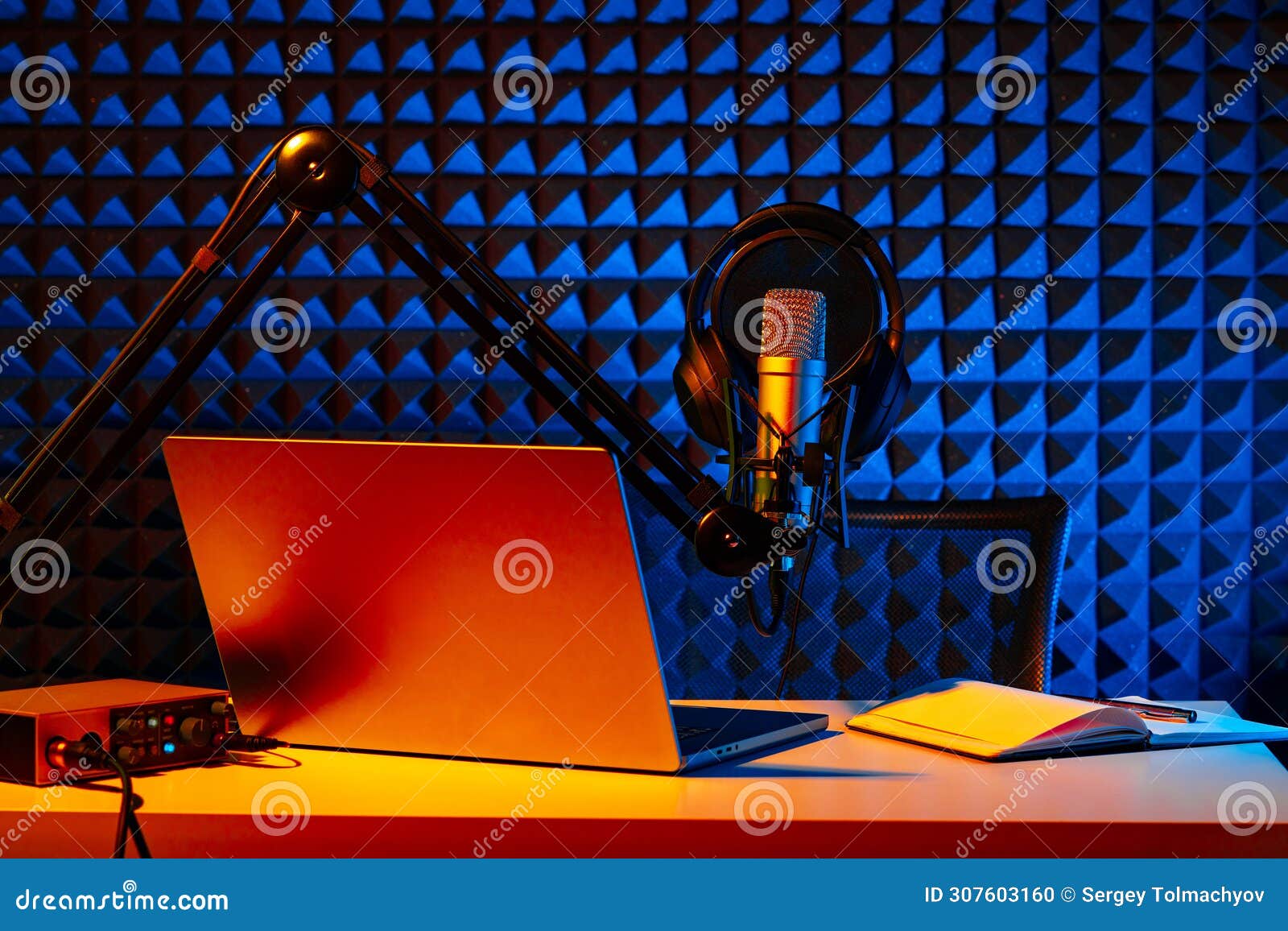 Home Studio Podcast Interior. Microphone, Table and Chair Stock Photo ...