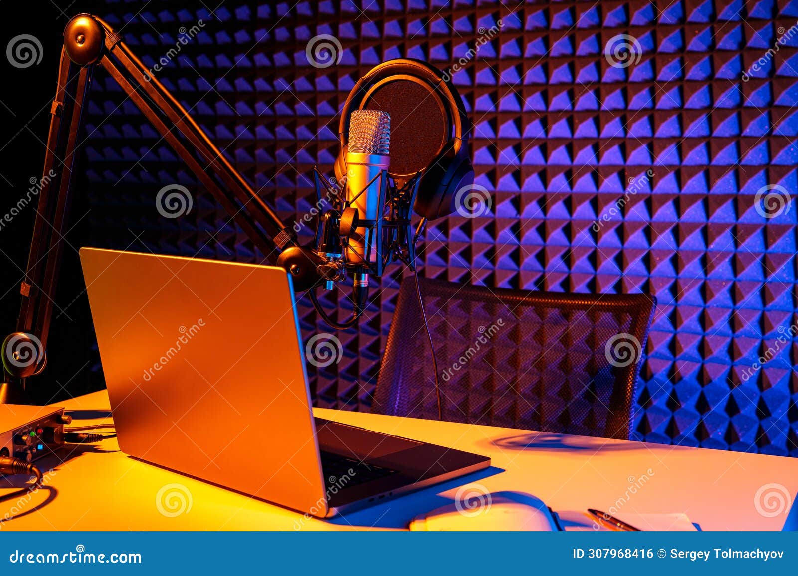Home Studio Podcast Interior. Microphone, Table and Chair Stock Photo ...