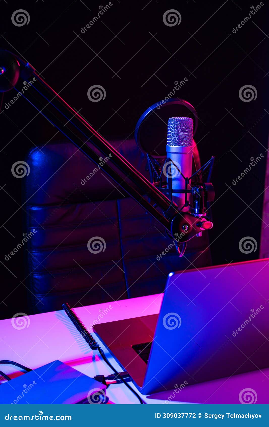 Home Studio Podcast Interior. Microphone, Table and Chair Stock Photo ...