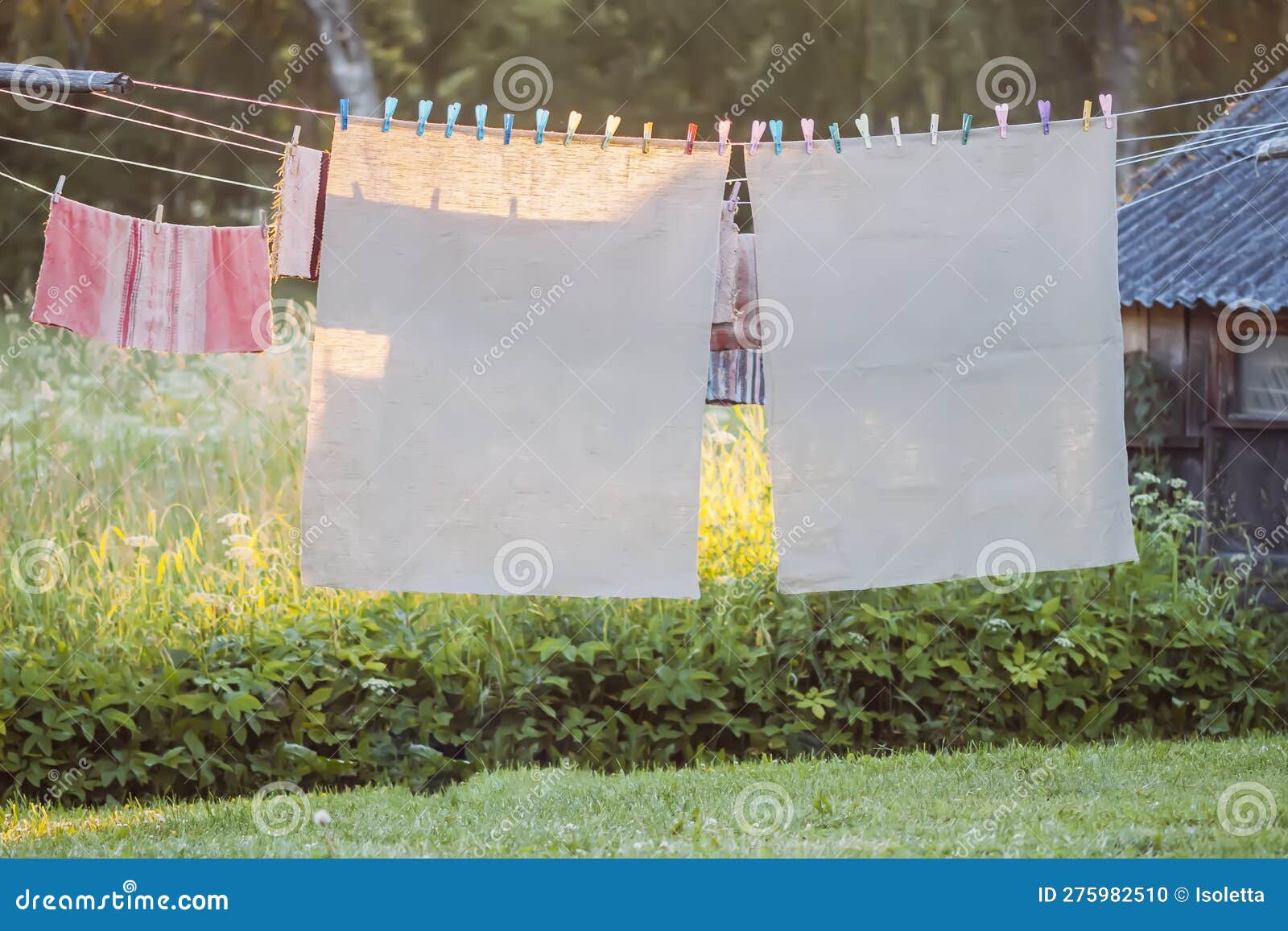 |Home Textile Drying on Washing Line Outdoors Stock Photo - Image of ...