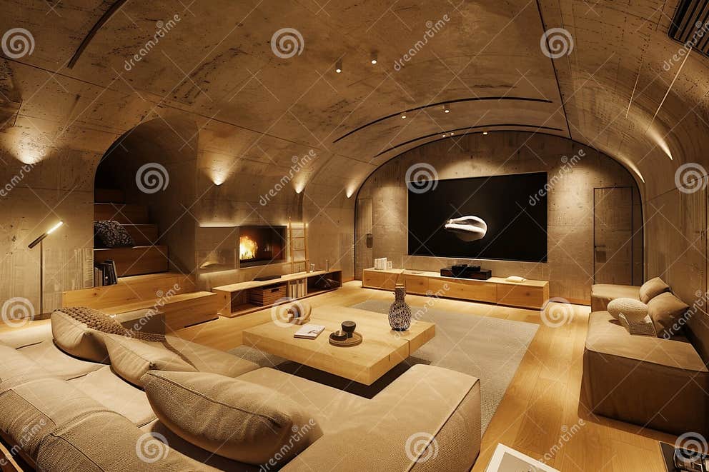 Home Theater in an Underground Cave with Comfortable Sofas and a Screen ...