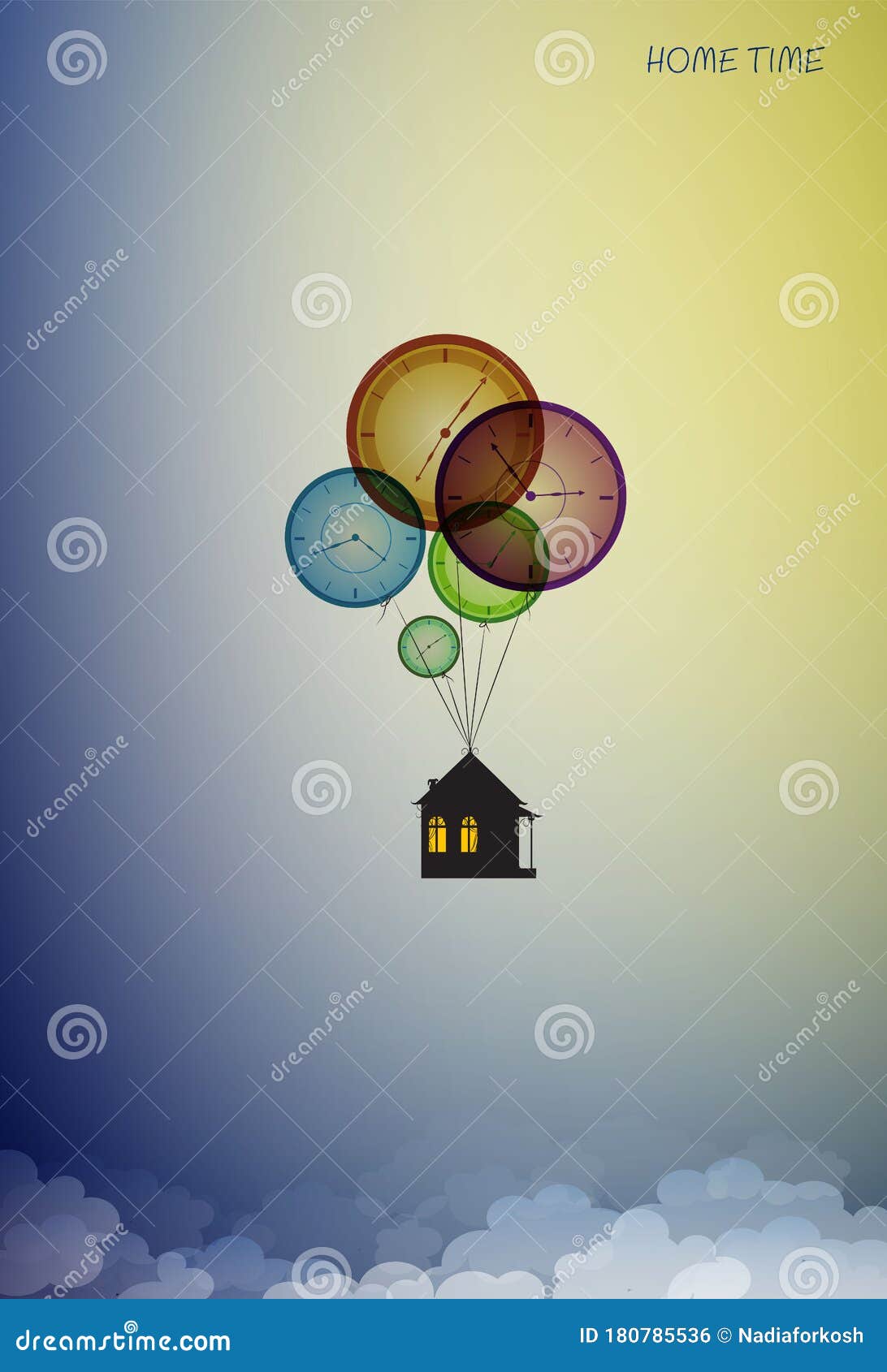 Home Time Concept, House Hanging on the Colored Flying Clocks in the ...
