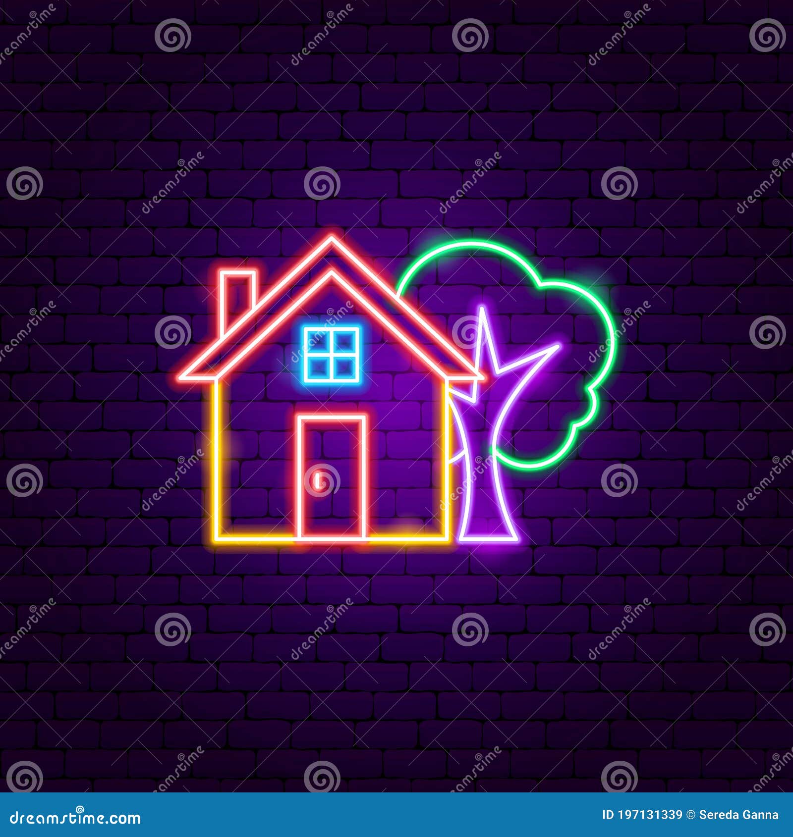 Home Tree Neon Sign stock vector. Illustration of estate - 197131339