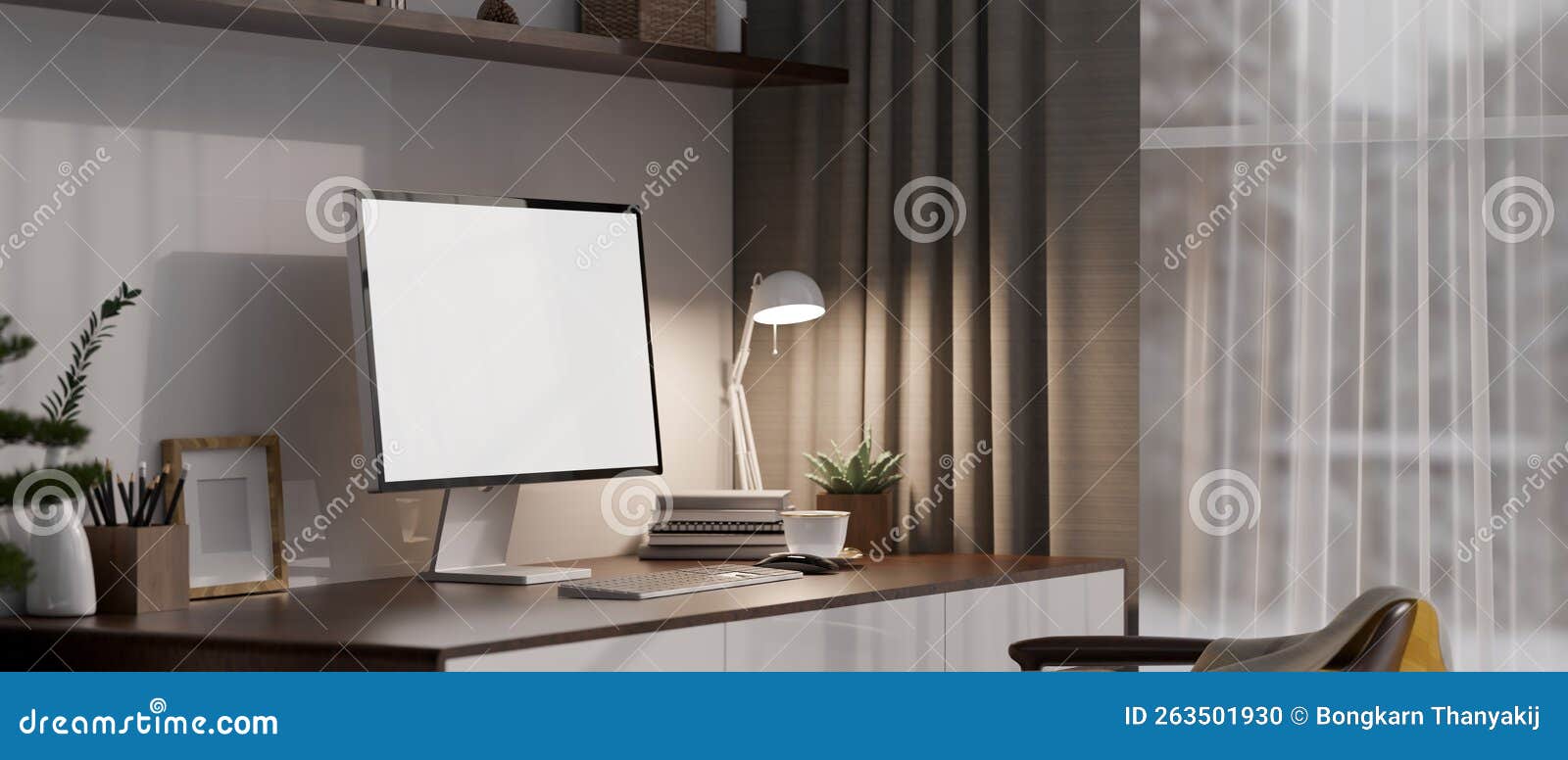 Home Working Space with Computer on the Table Near by the Window with ...