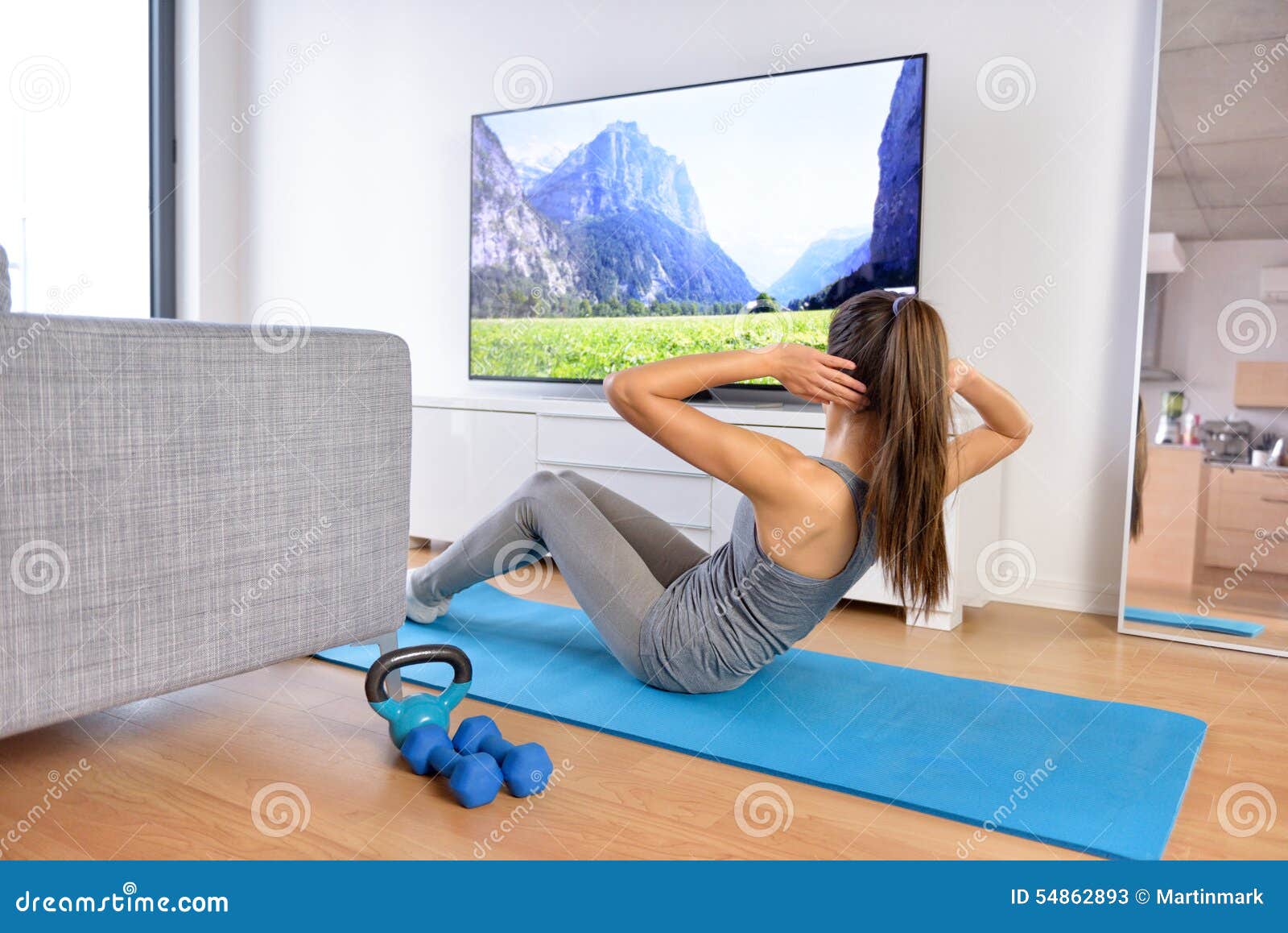 Home Workout Woman Exercising In Front Of Tv Stock Image Image Of