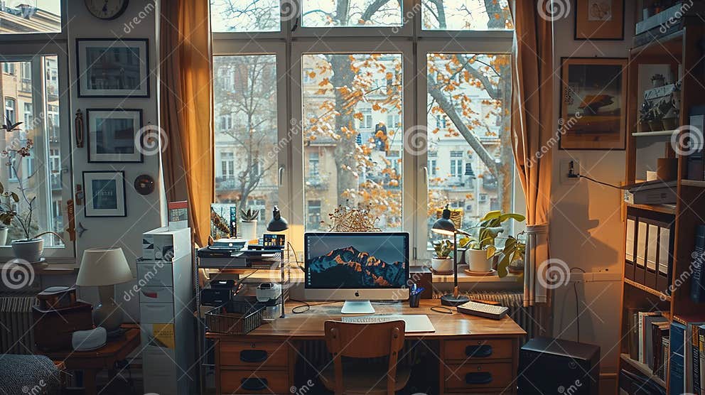 Home Workplace with a Computer Near the Window. Interior of a Room for ...