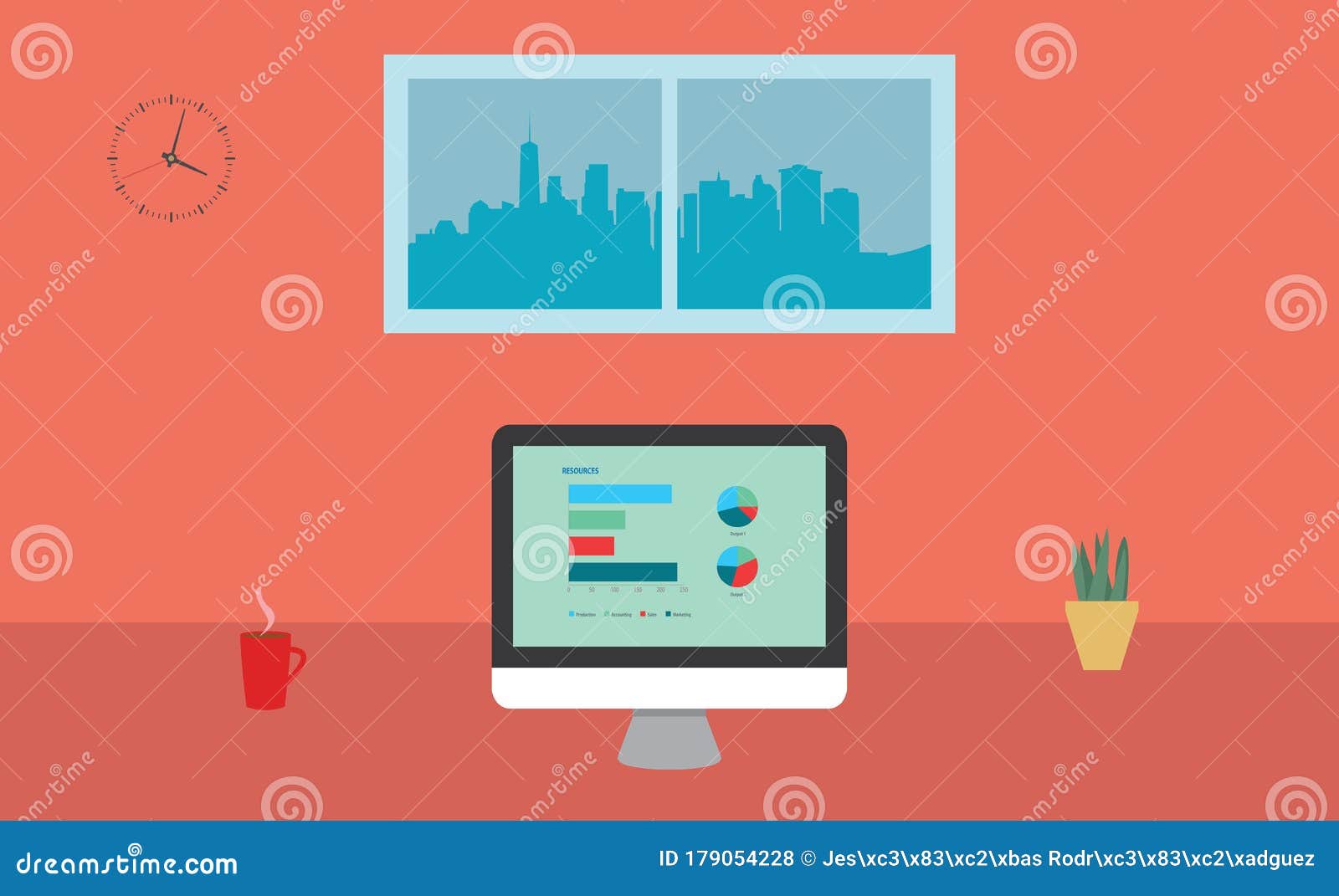 Home Workplace Concept. Computer with Business Graphics on the Screen ...