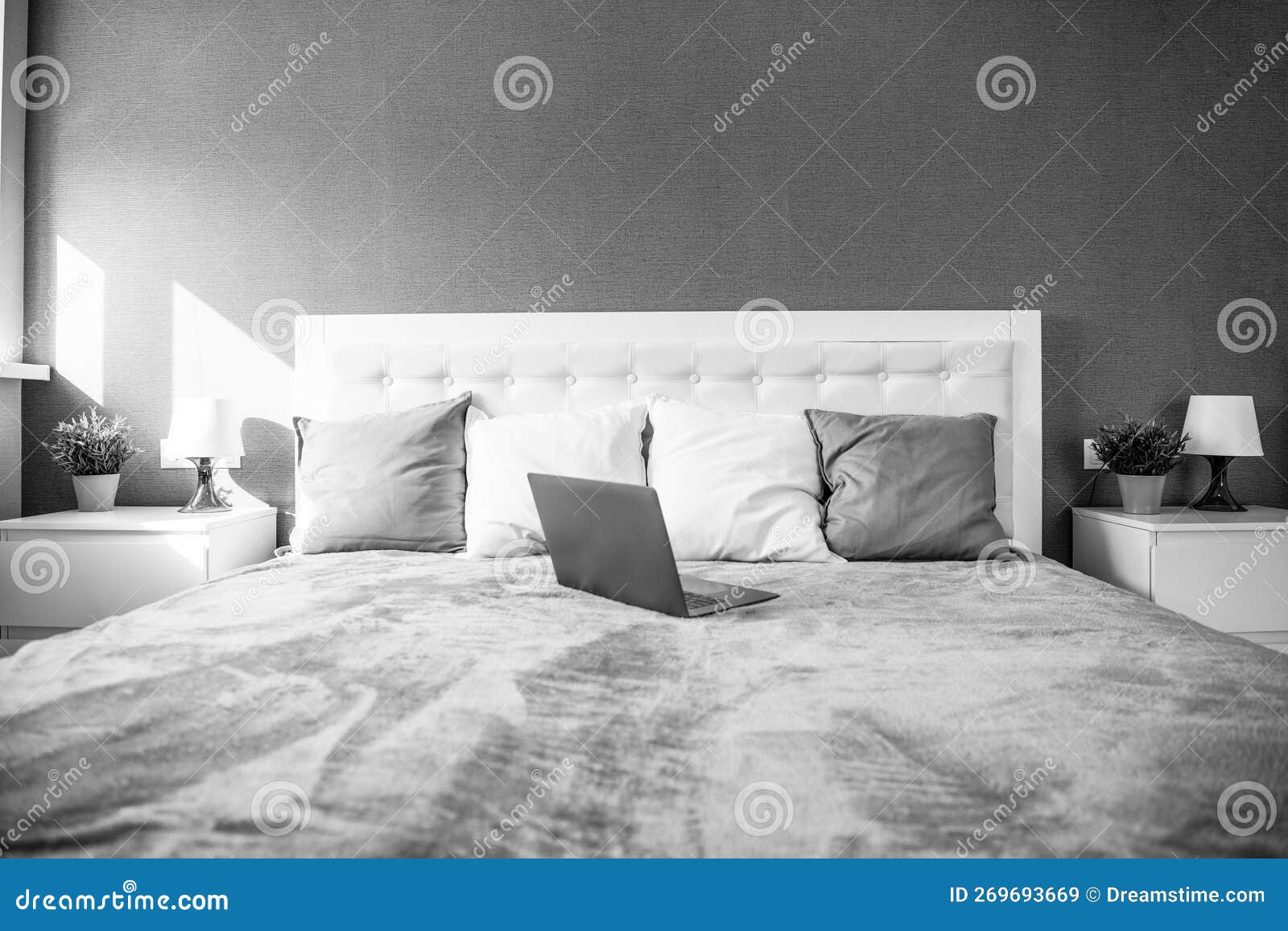Home Workspace of Laptop on Bed in Bedroom Stock Image - Image of ...