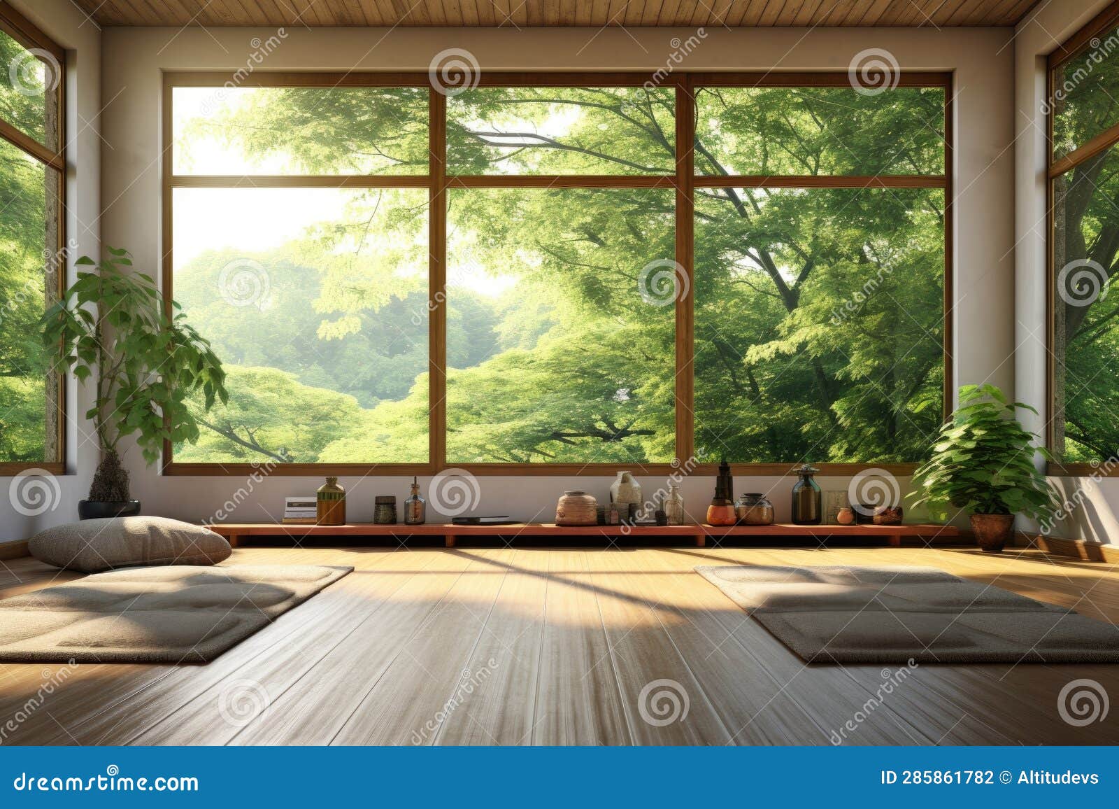 Home Yoga Space in Front of Large Window with Nature View Stock Photo ...