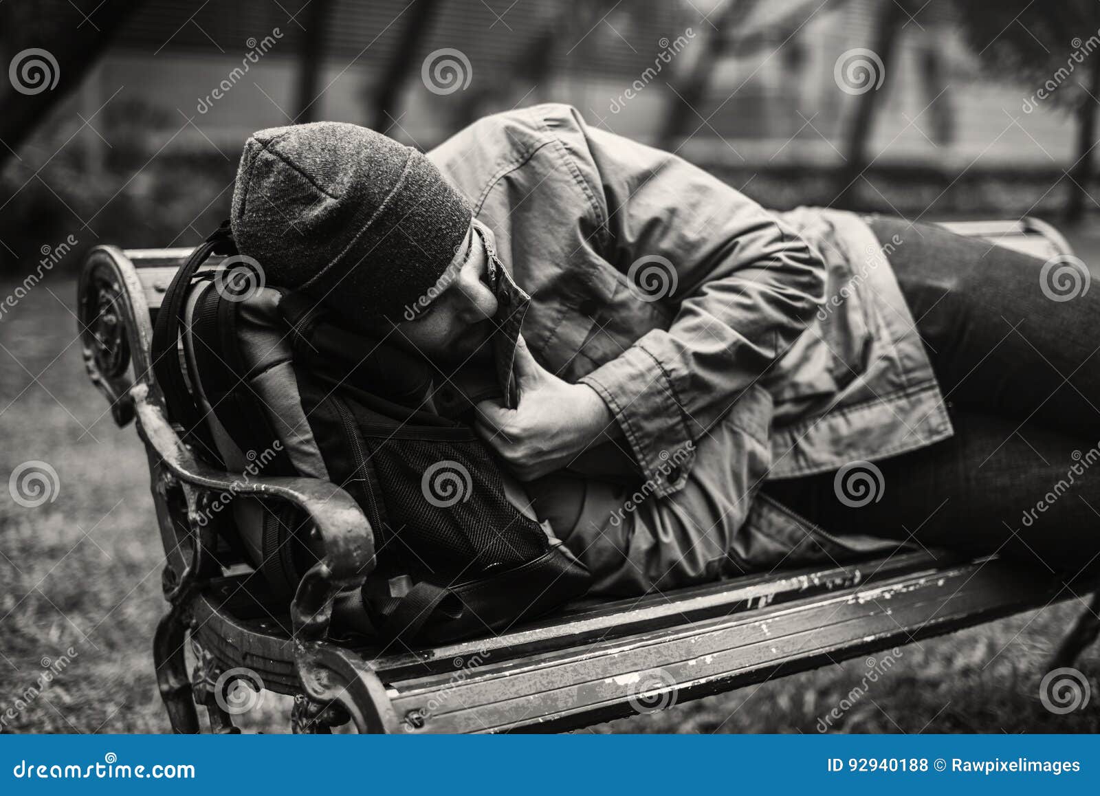 Homeless Adult Man Sleeping on Bench in the Park Stock Photo - Image of ...
