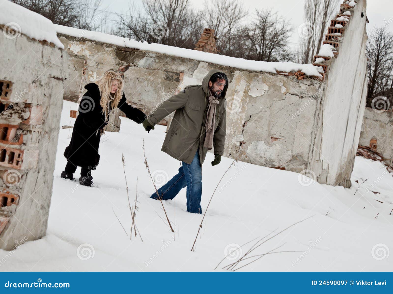 Homeless Couple Walking in the Snow Holding Hands Stock Image - Image ...