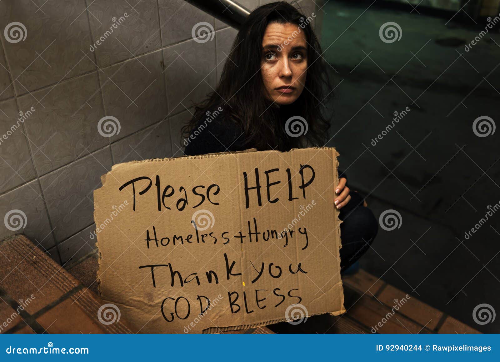 Homeless Hungry Woman Asking for Help Stock Photo - Image of donation ...