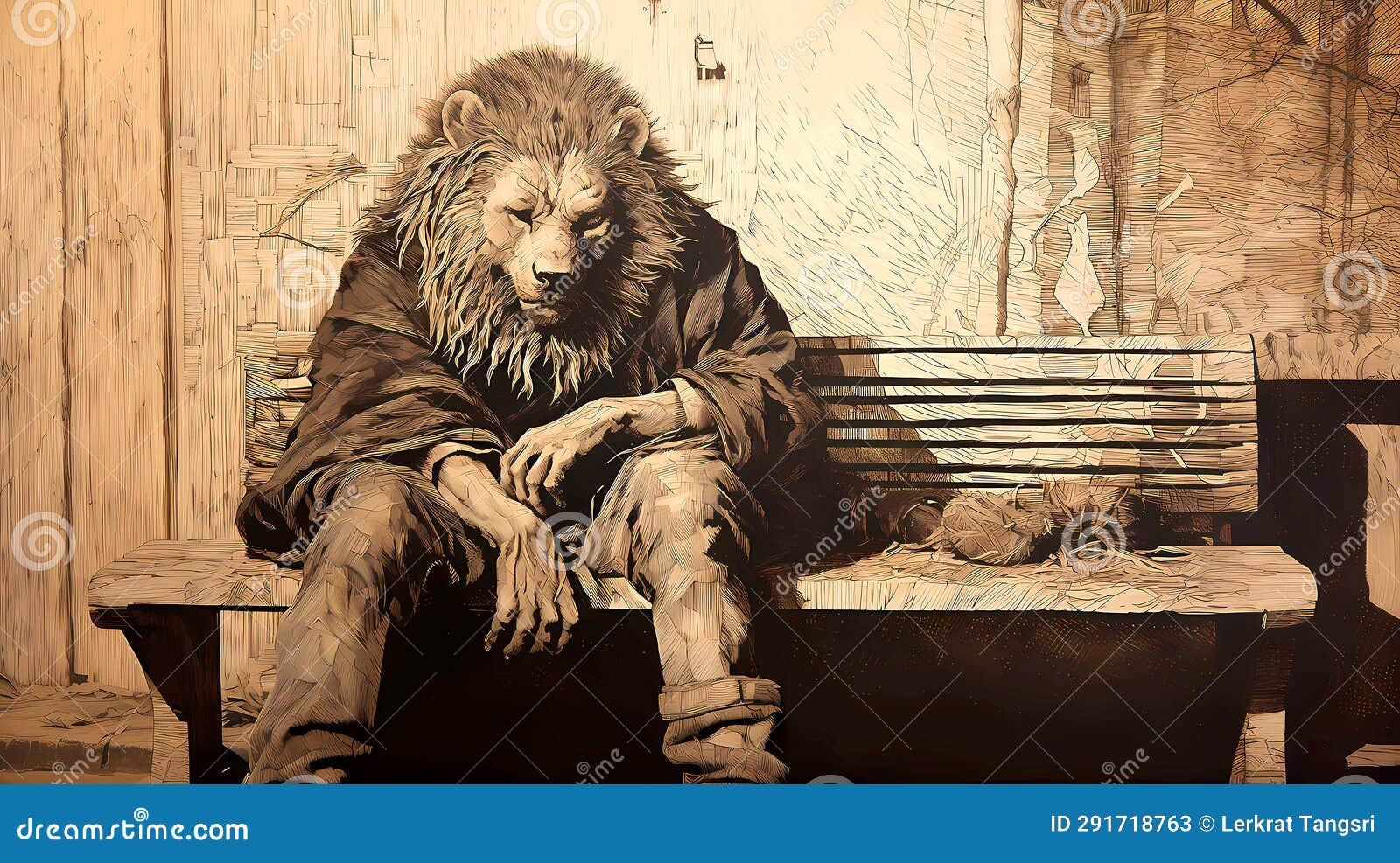 Homeless lion on bench stock illustration. Illustration of fall - 291718763