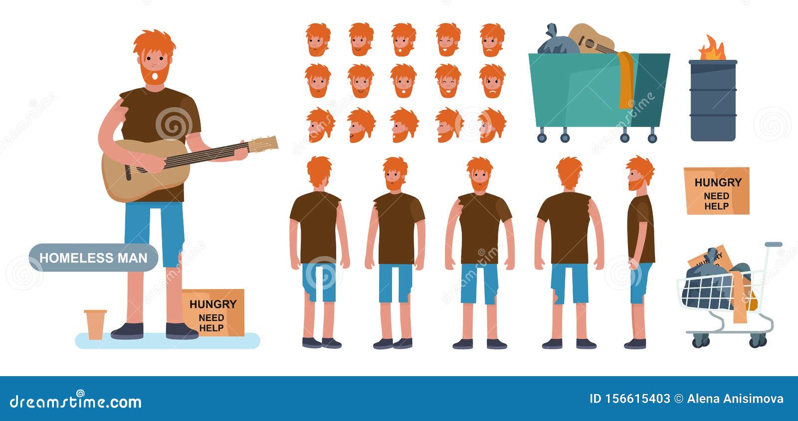 Homeless Man Character Constructor for Animation Creation Cet. Front ...